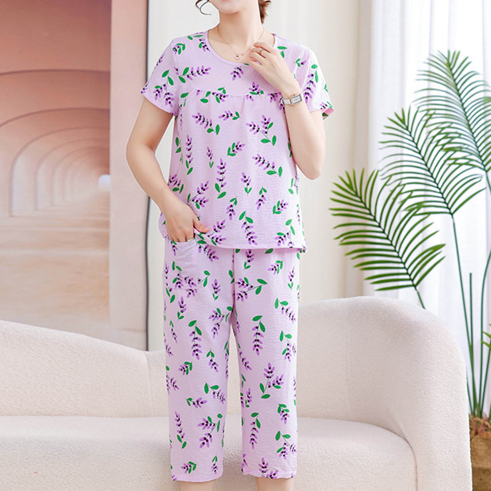 Sentmoon Fashion Short Sleeve Womens Pajama Sets Slim Fit Crew Neck ...