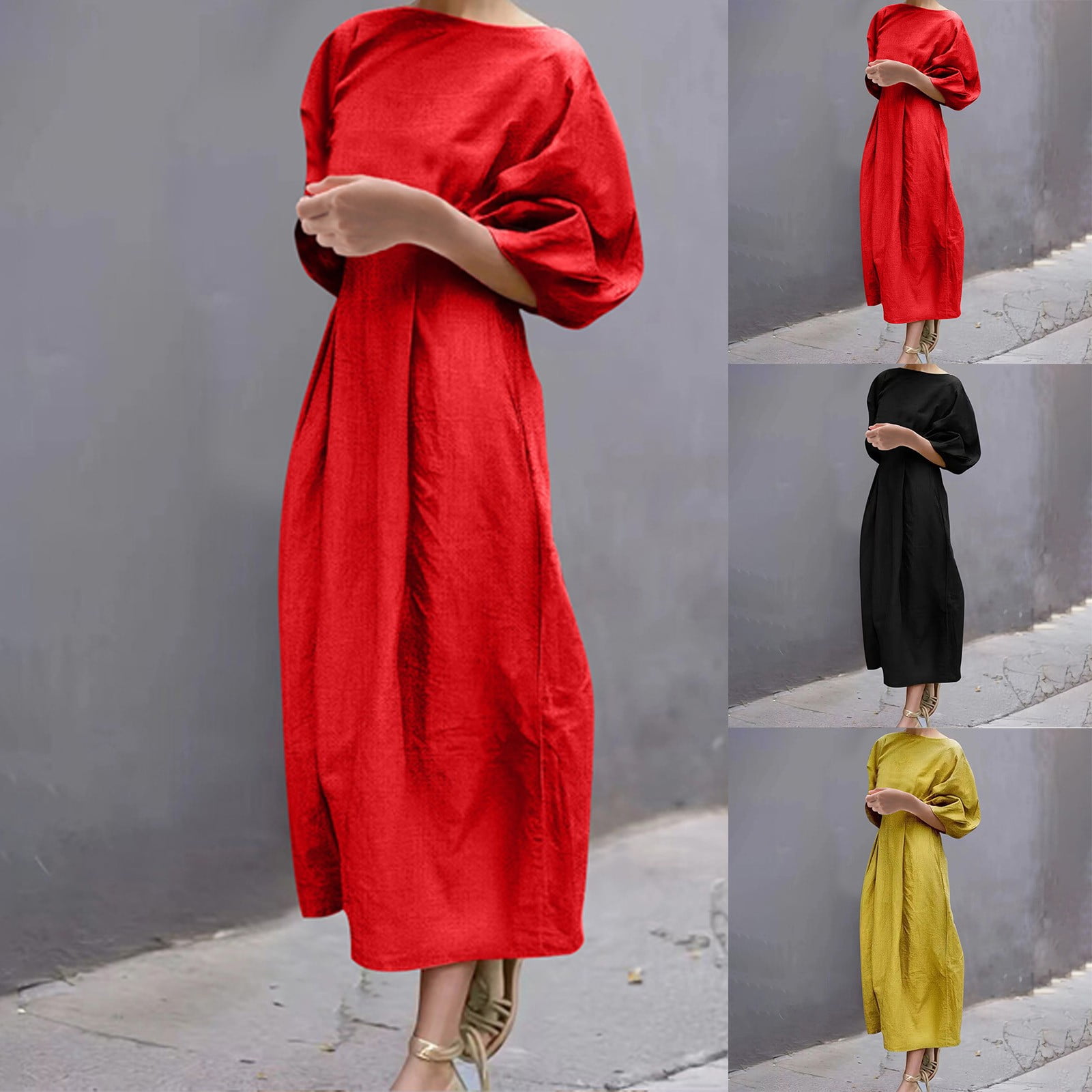 Sentmoon Linen Dress Women Crew Neck Puffed Sleeve Womens Long Dresses ...