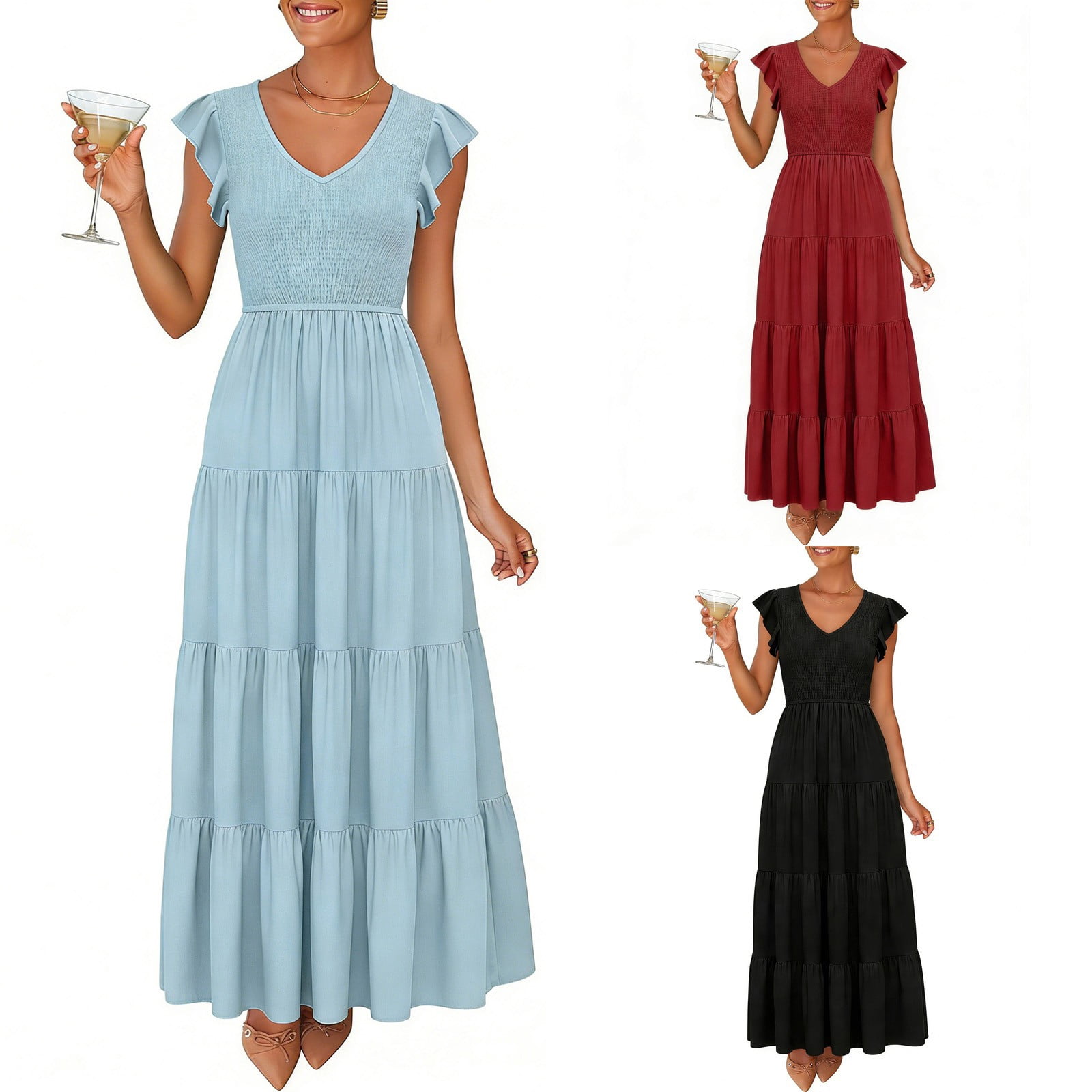 Sentmoon Long Dress Dresses with Sleeves 2026 Summer Solid Color V Neck ...