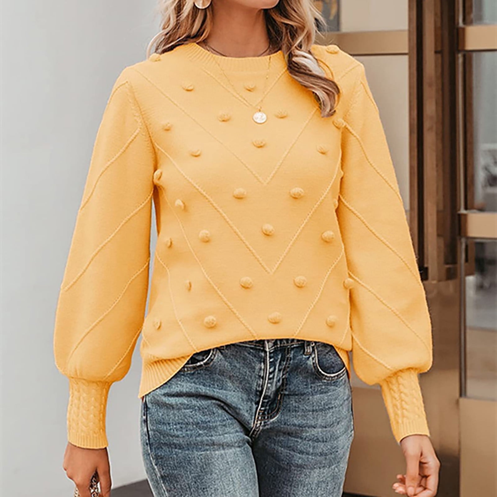 Sentmoon Loose Cable Knit Sweaters Oversized Crew Neck Solid Color ...