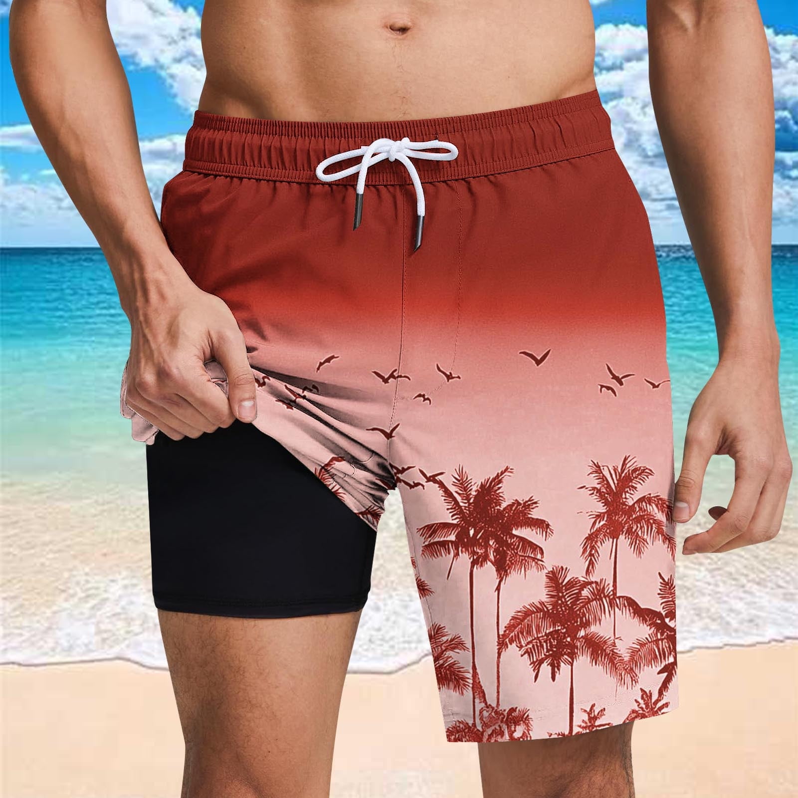 Sentmoon Mens Swim Trunks with Compression Liner Elastic Waist Straight ...
