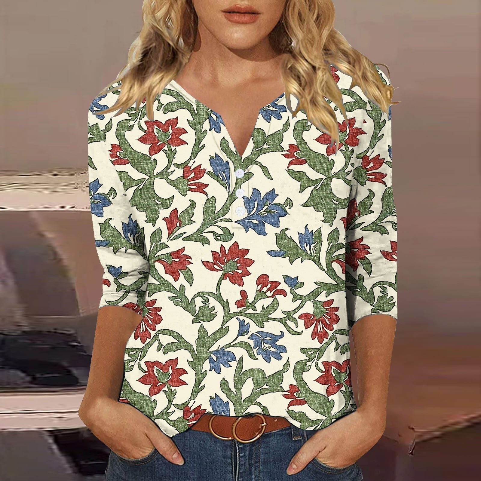 Sentmoon Summer Outfits for Women Three Quarter Sleeve Button V Neck ...