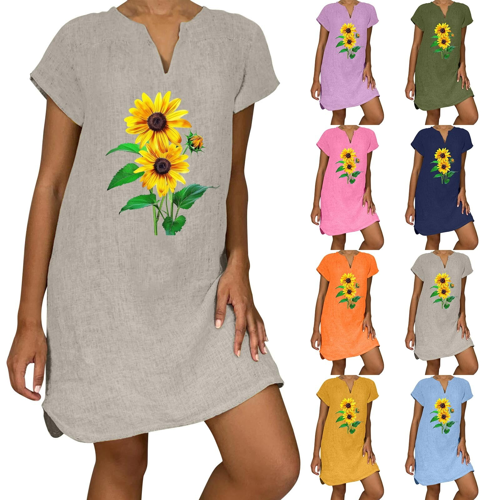 Sentmoon Sundresses V Neck Oversized Linen Spring Dresses Sunflower ...