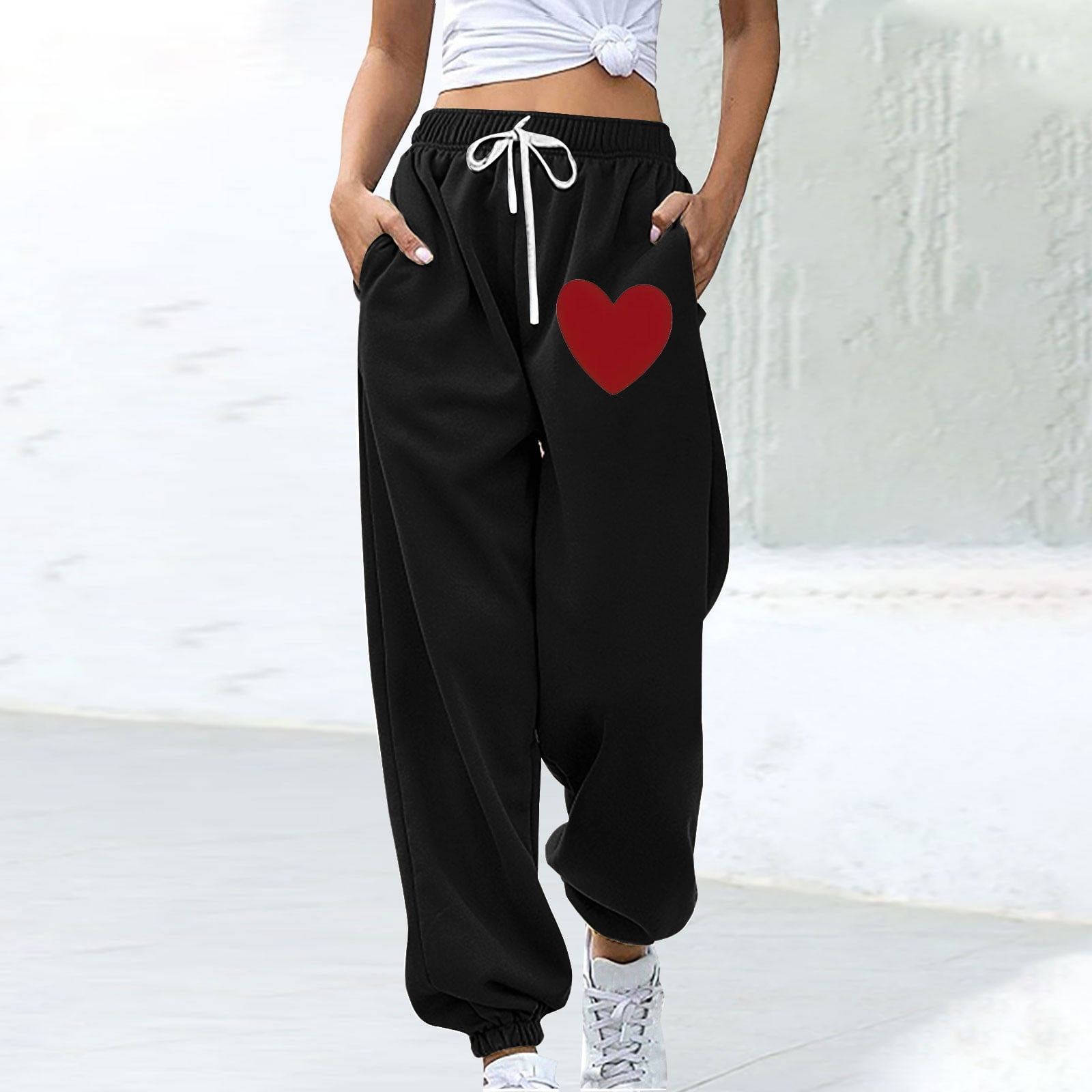 Sentmoon Sweatpants Women Elastic Waist Drawstring Heart Print Palazzo ...