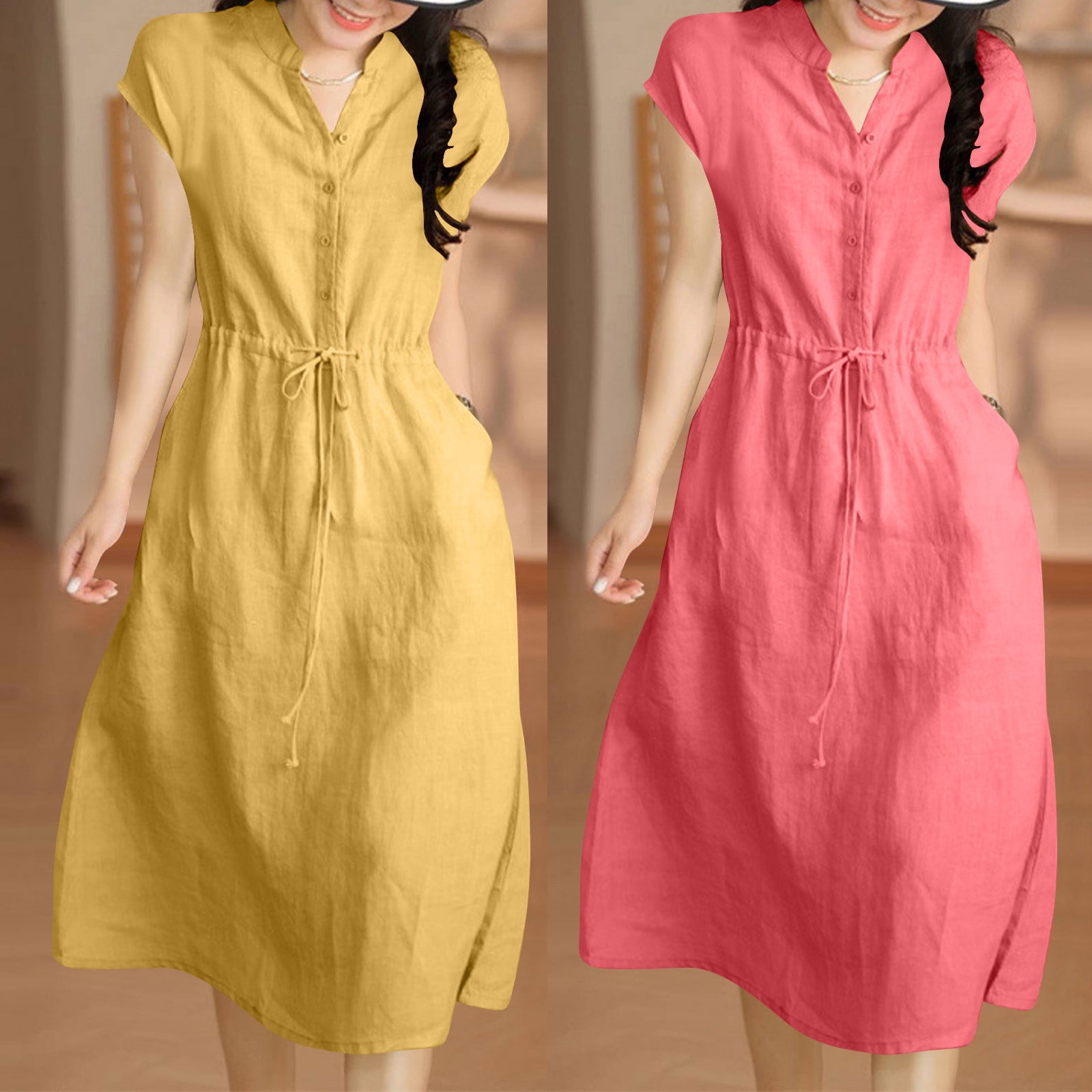 Sentmoon Womens Linen Dress Crew Neck Short Sleeve Maxi Dress for Women ...