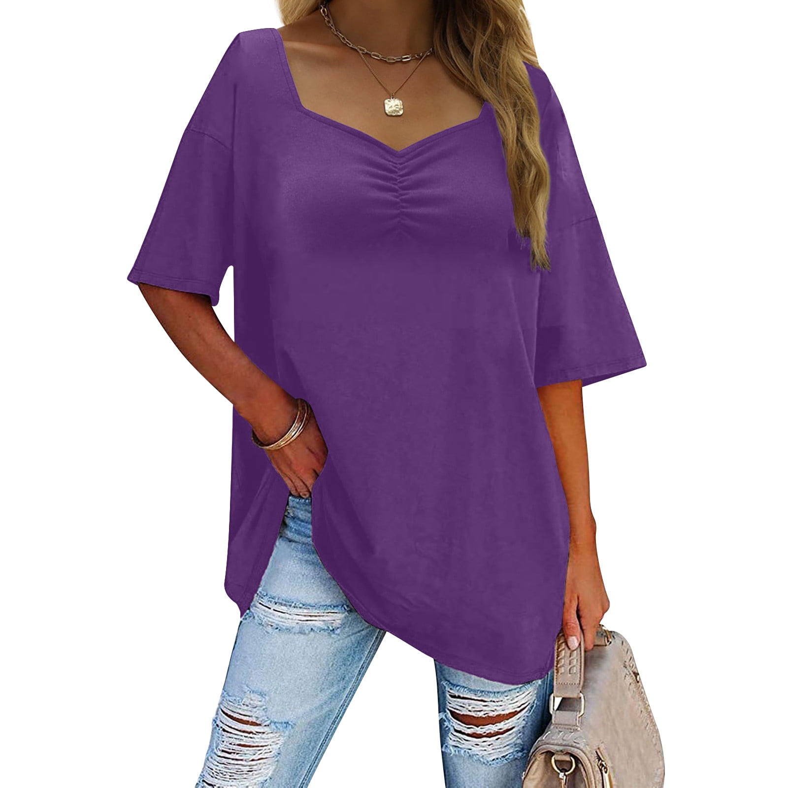 Sentmoon Womens Loose Fit Shirts Crew Neck Short Sleeve Tops Cute ...