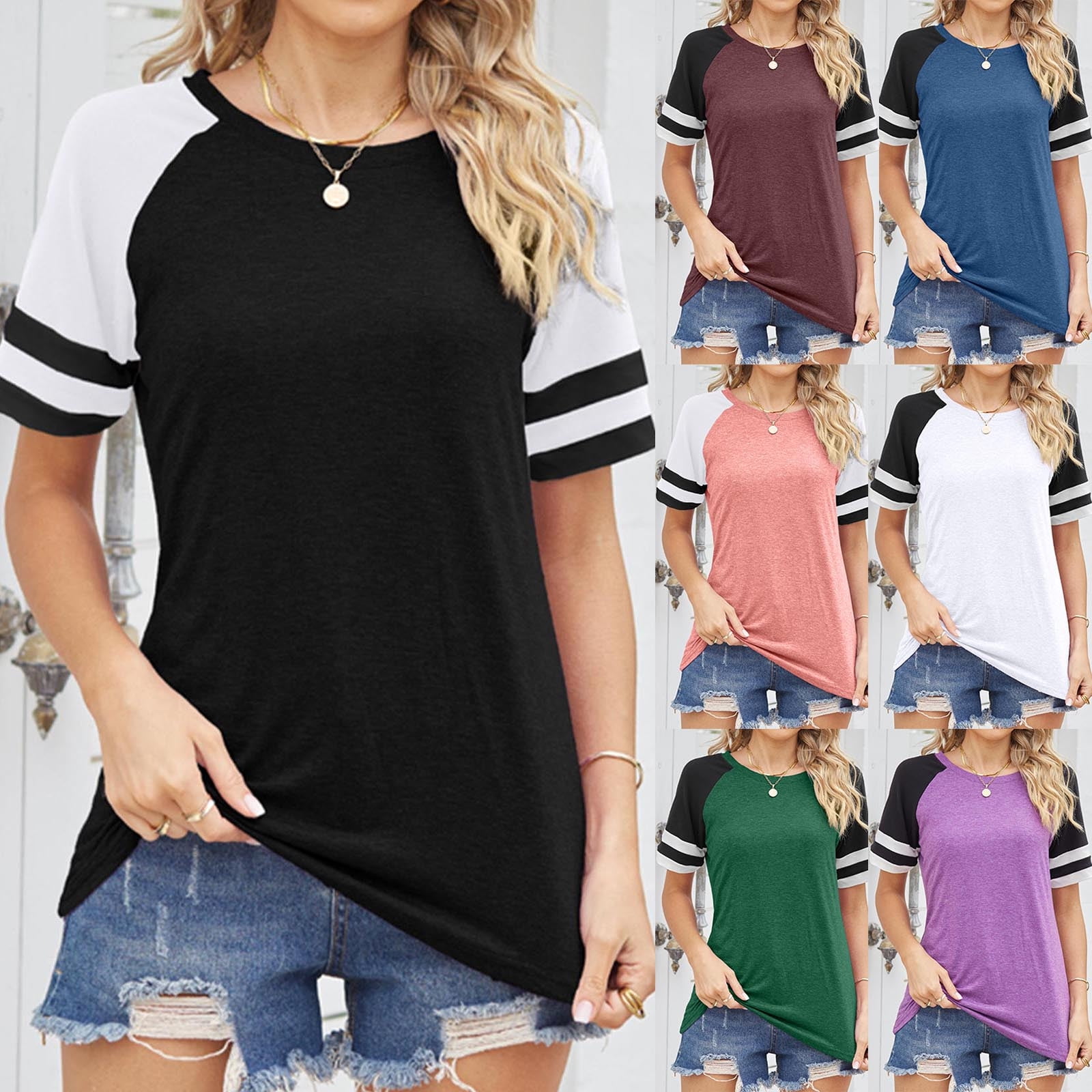Sentmoon Womens Loose Fit T-Shirts Stripped Crew Neck Short Sleeve Tops Workout Patchwork Basic ...