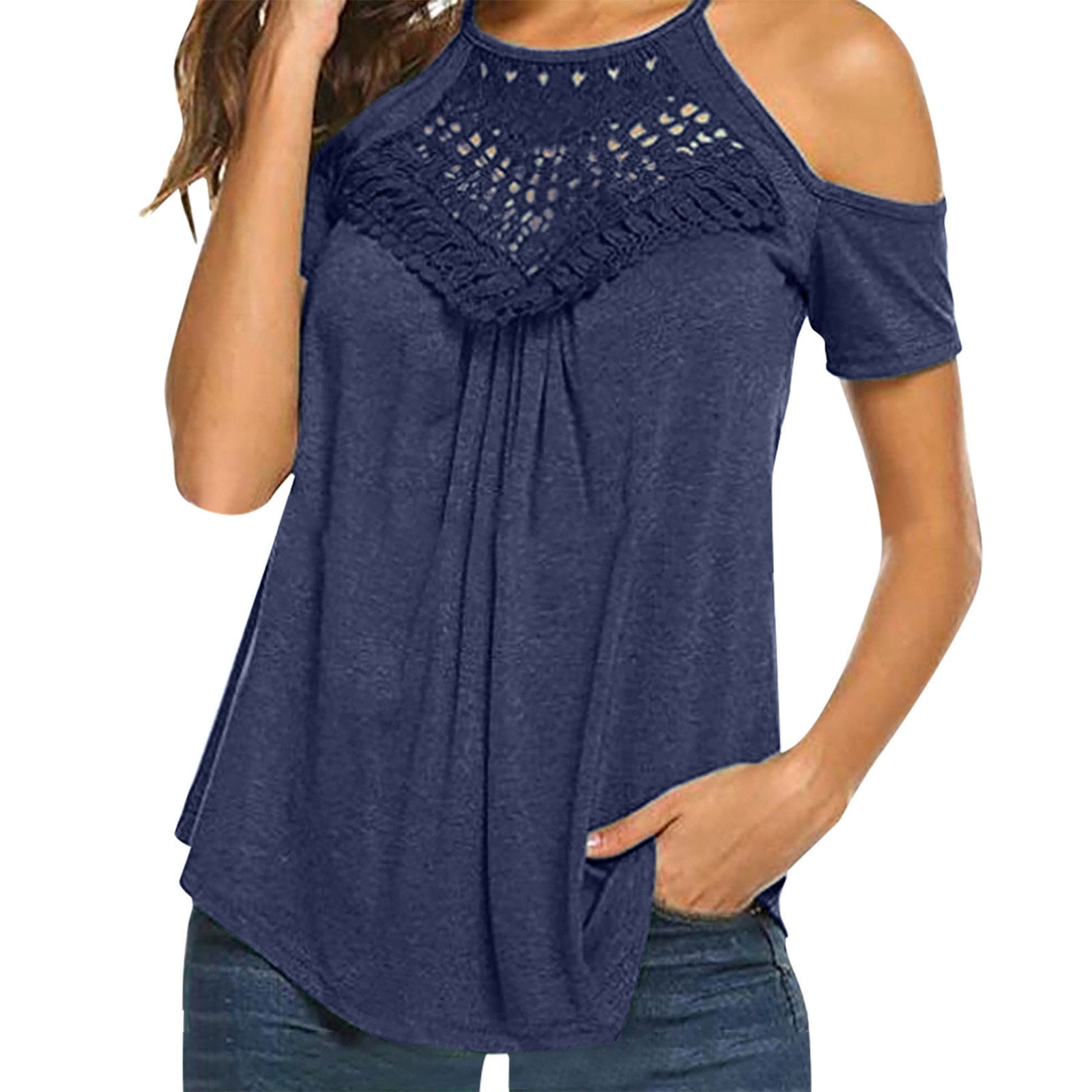 Sentmoon Womens Off Shoulder Shirts Crew Neck Short Sleeve Lace Tops ...