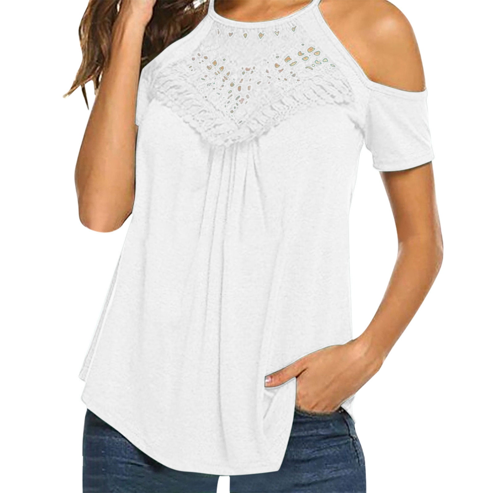 Sentmoon Womens Off Shoulder T-Shirts Crew Neck Short Sleeve Lace Tops ...