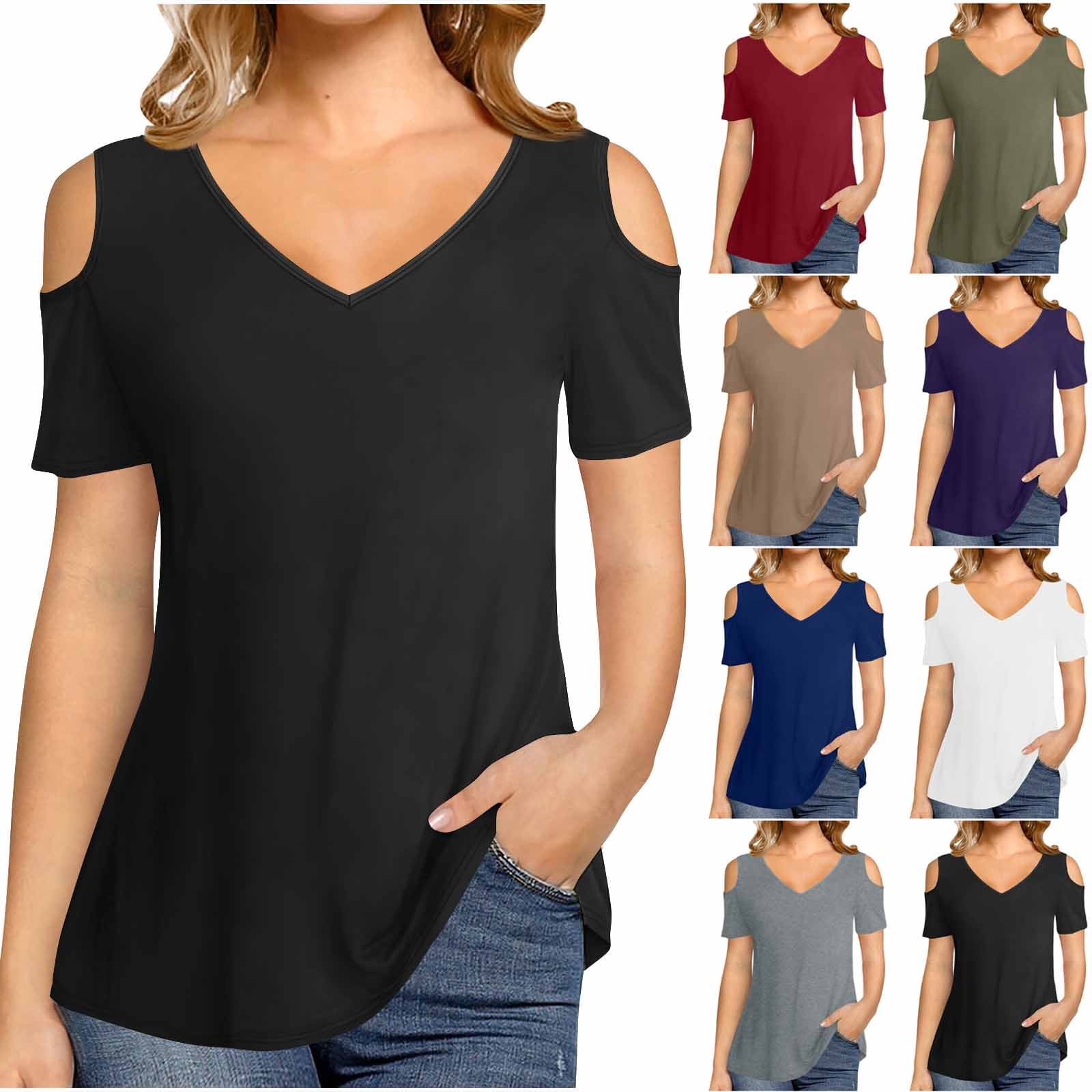 Sentmoon Womens Off Shoulder T-Shirts V Neck Short Sleeve Tops Workout ...