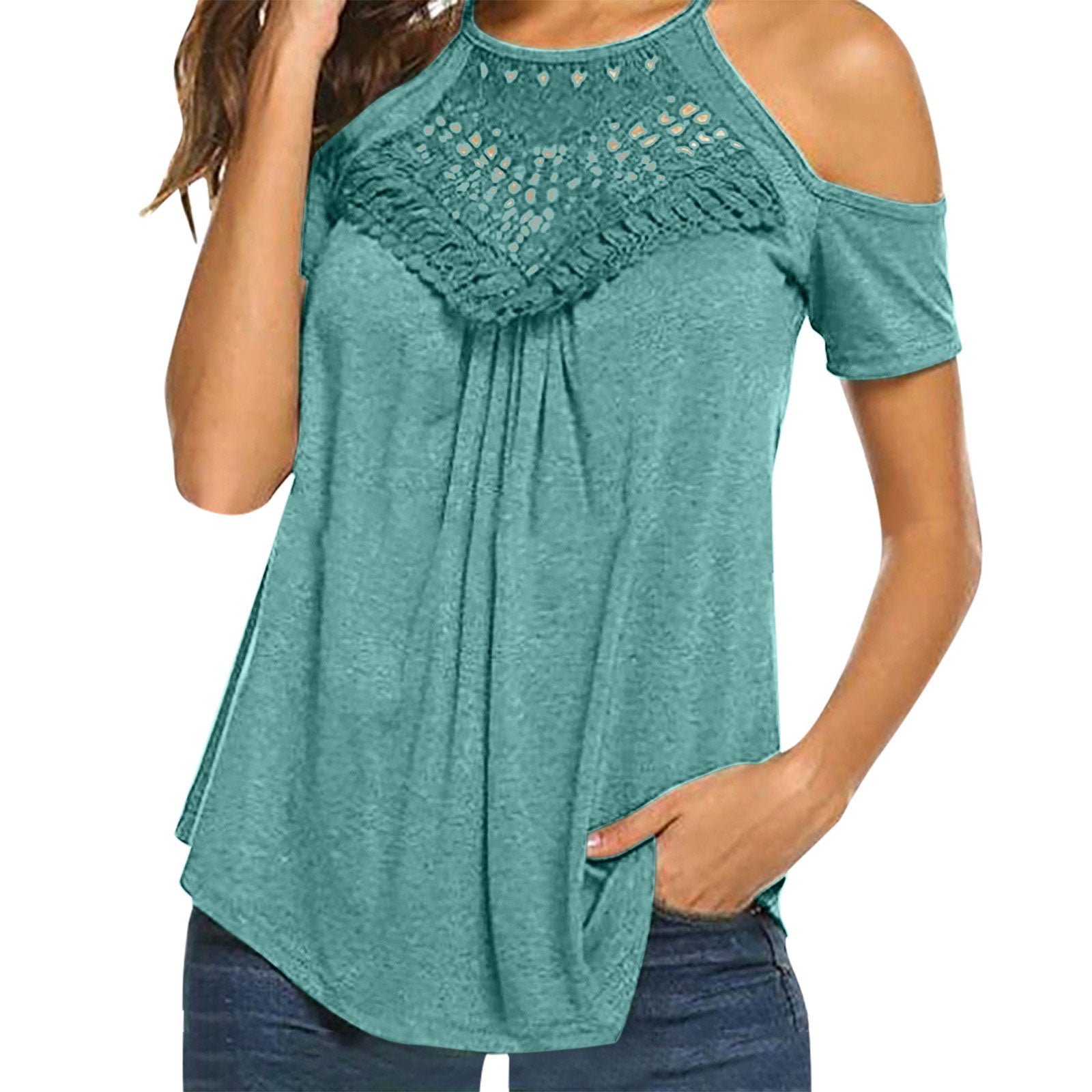 Sentmoon Womens Off Shoulder Tees Crew Neck Short Sleeve Lace Tops Cute ...