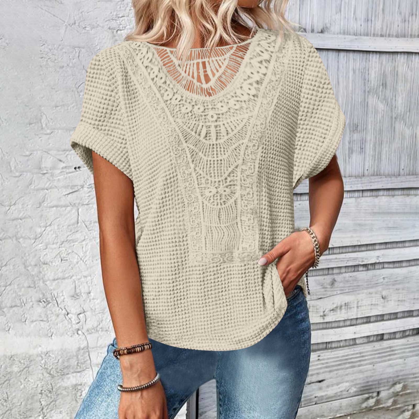 Sentmoon Womens Patchwork Blouse Crew Neck Short Sleeve Lace Tops Comfy ...