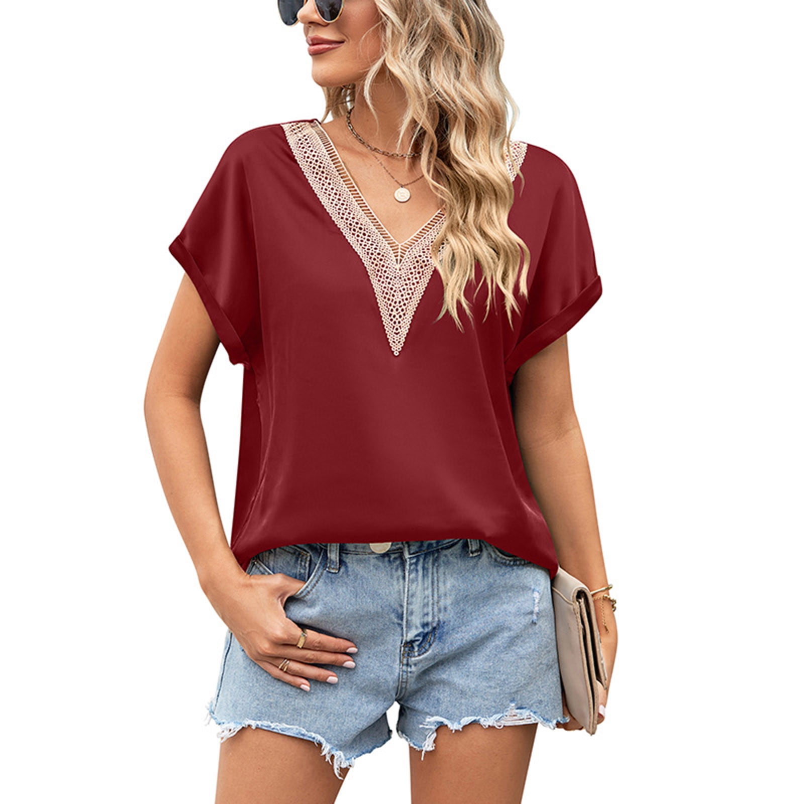 Sentmoon Womens Patchwork Blouse V Neck Short Sleeve Lace Tops Workout ...