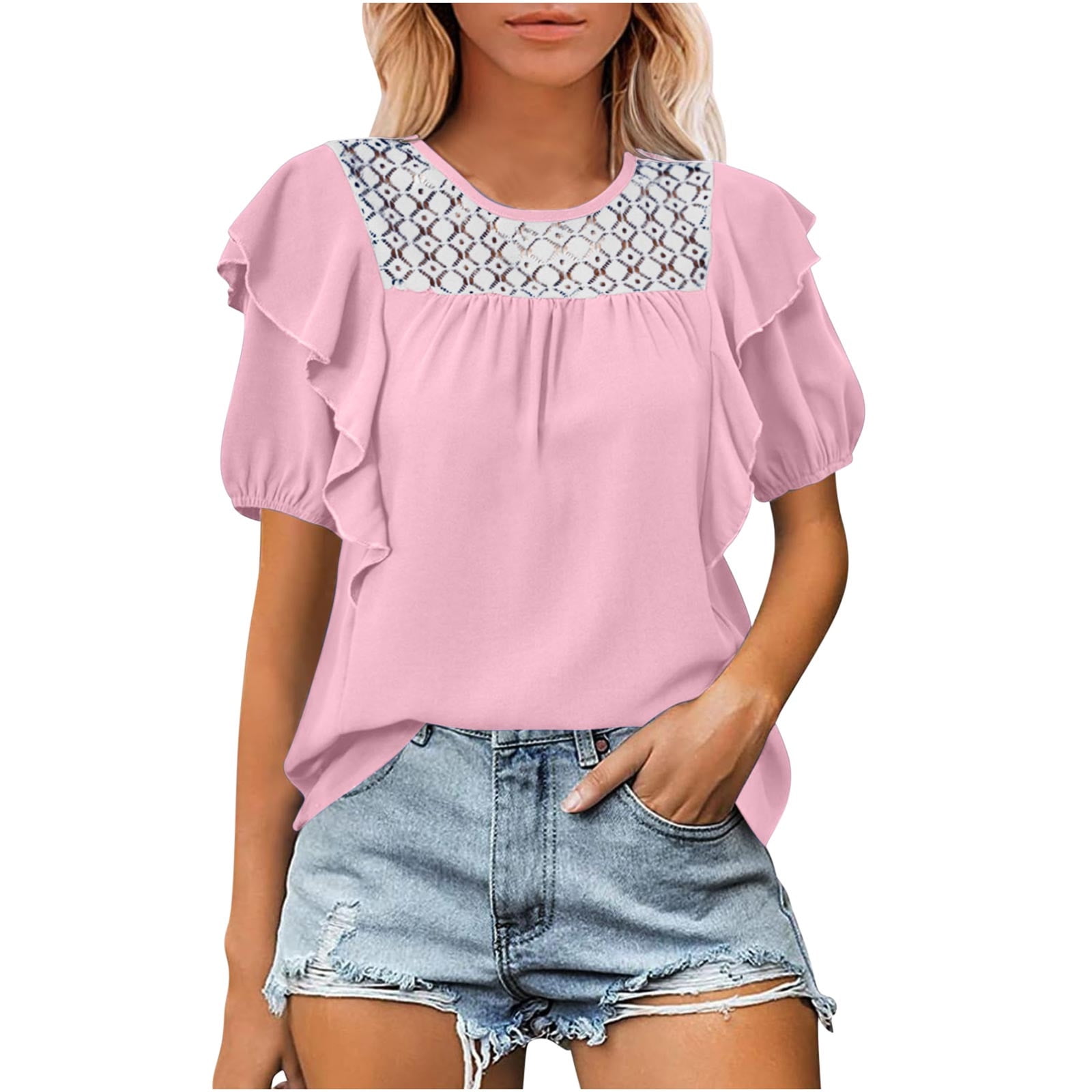 Sentmoon Womens Patchwork Shirts Crew Neck Short Sleeve Chiffon Tops ...