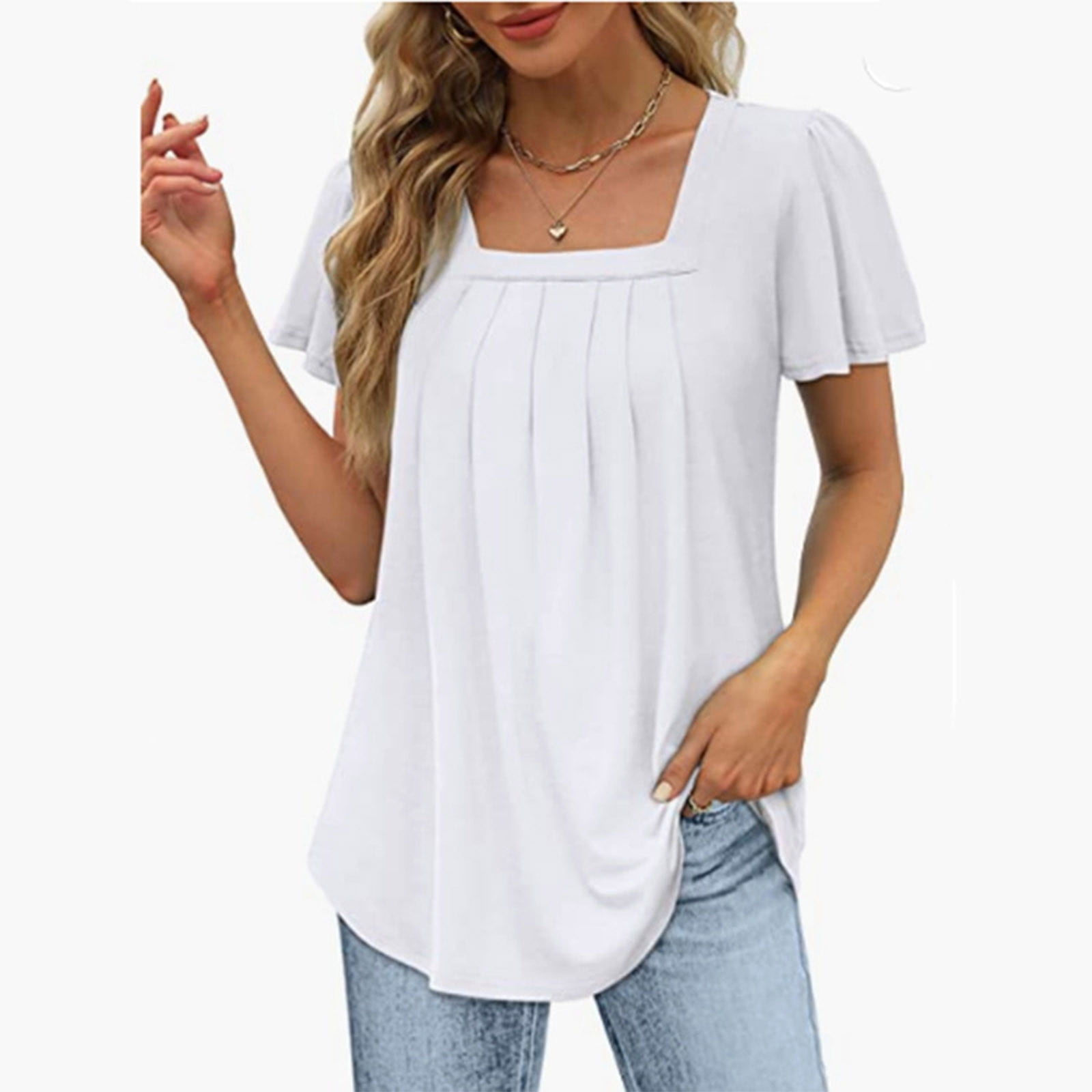 Sentmoon Womens Pleated Shirts Square Neck Short Sleeve Tops Cute ...