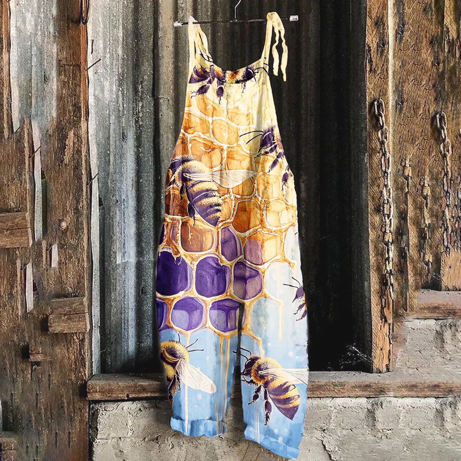 Sentmoon Womens Rompers for Summer Bee Print Loose Wide Leg Overalls ...