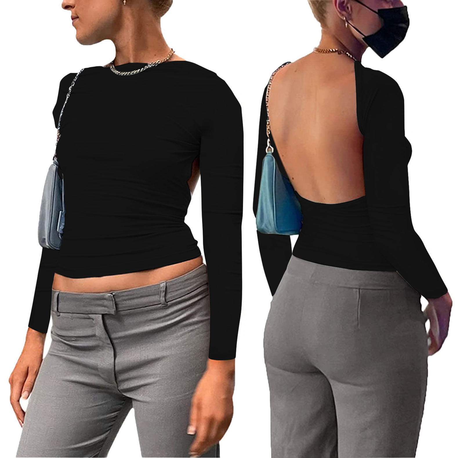 Sentmoon Womens Sexy T-Shirts High Neck Long Sleeve Crop Tops Workout ...