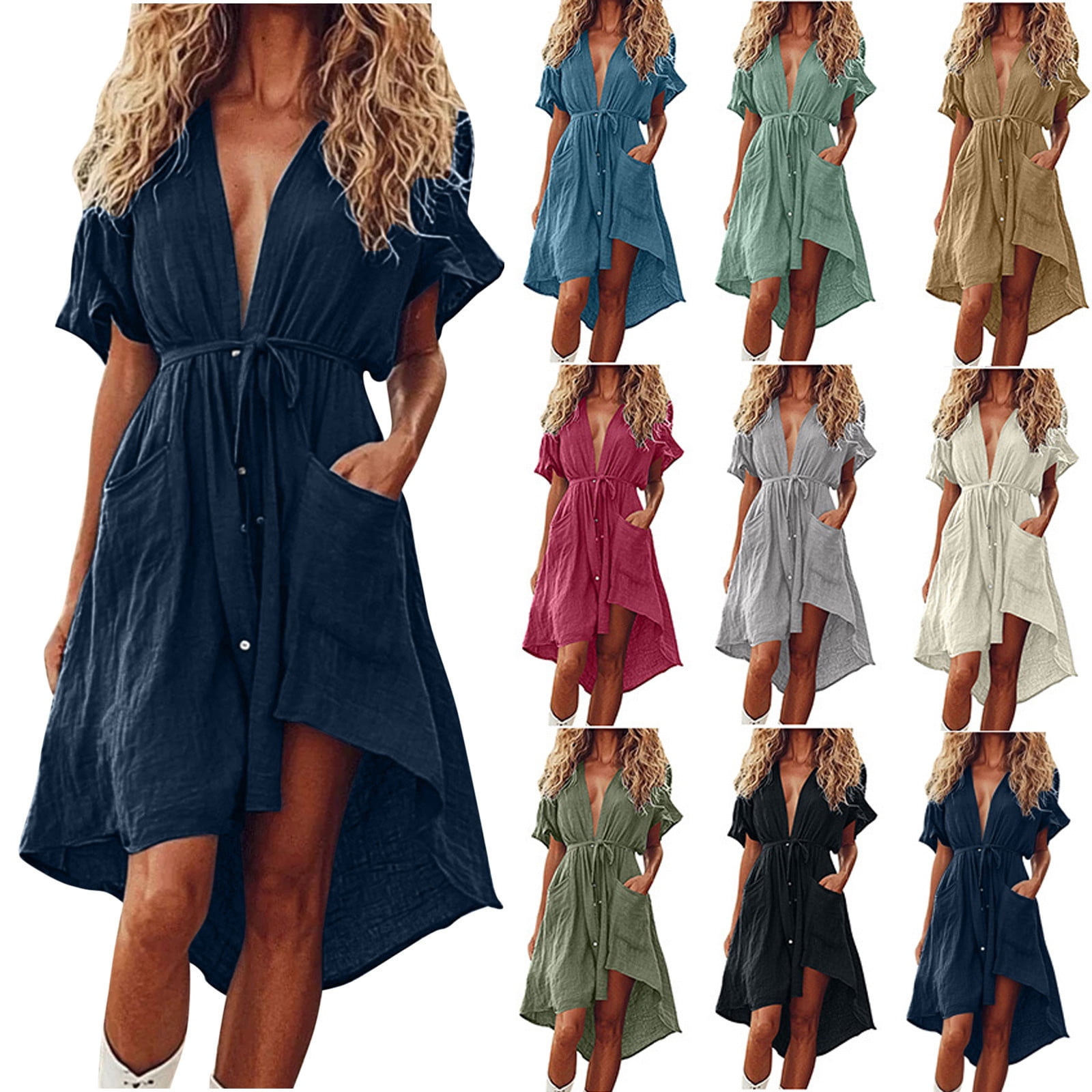 Sentmoon Womens Summer Dresses Casual Button V Neck Linen Girls Dresses ...