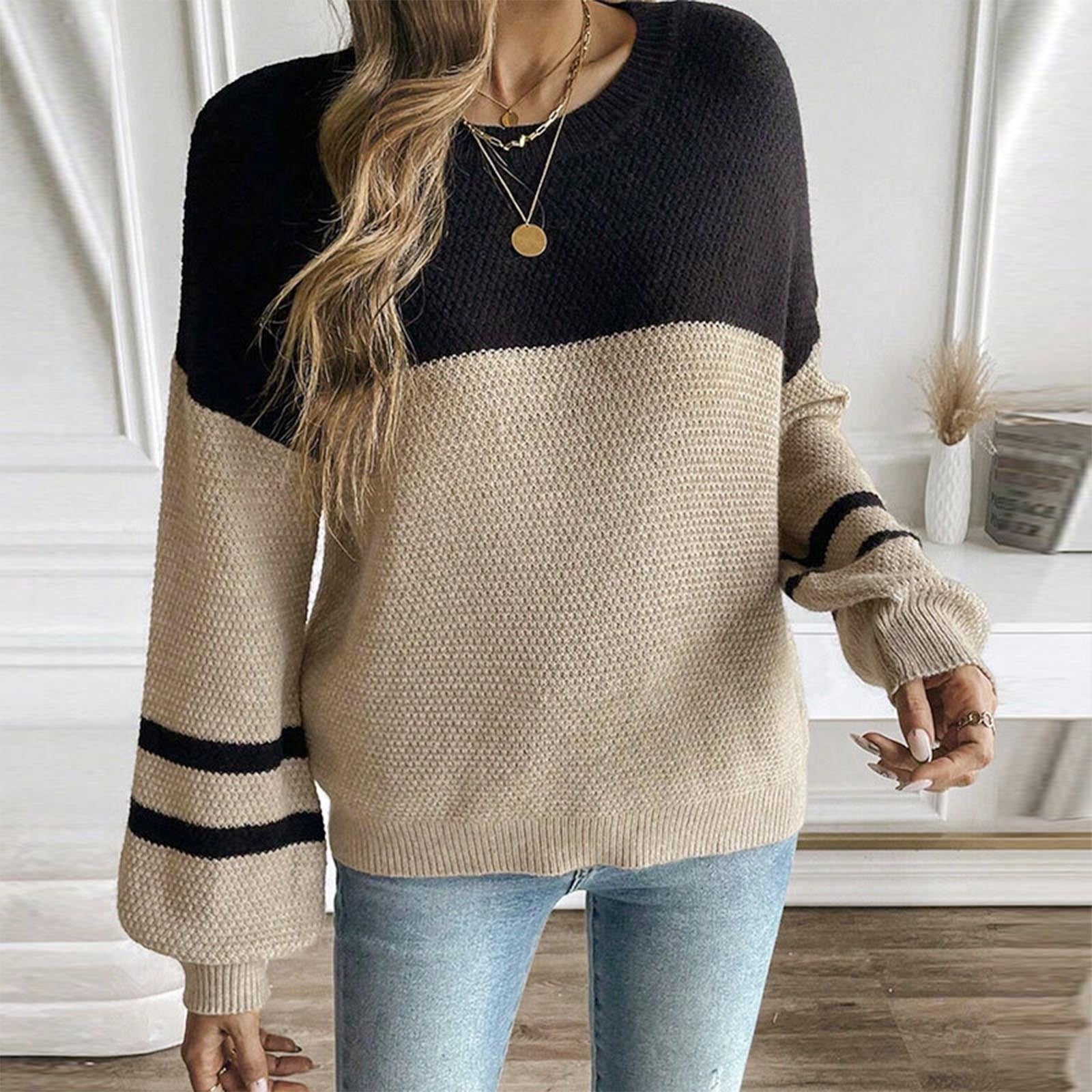Sentmoon Womens Sweaters Round Neck Long Sleeve Color Block Casual Tops ...