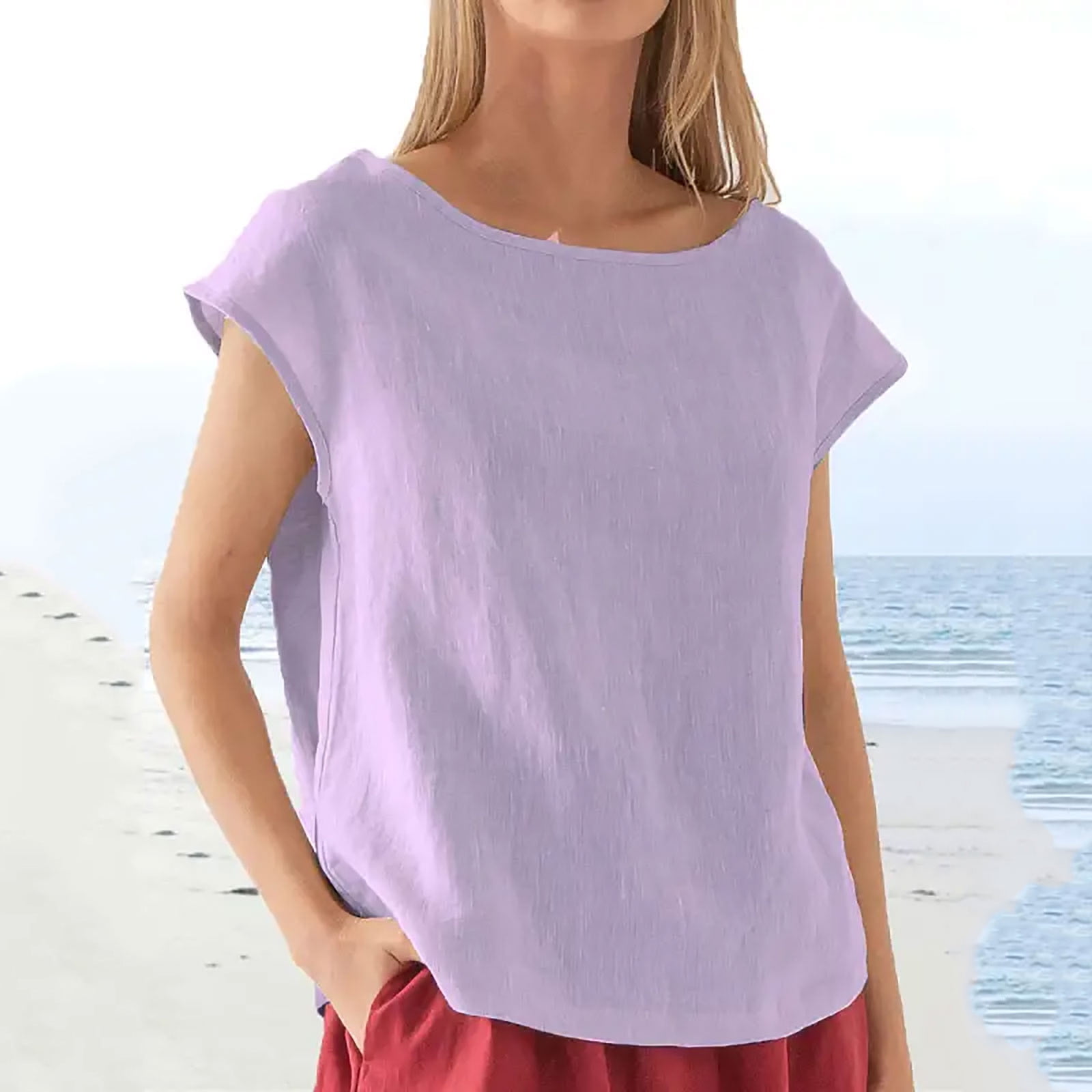 Sentmoon Womens Tunic Blouse Crew Neck Short Sleeve Cotton Linen Tops ...