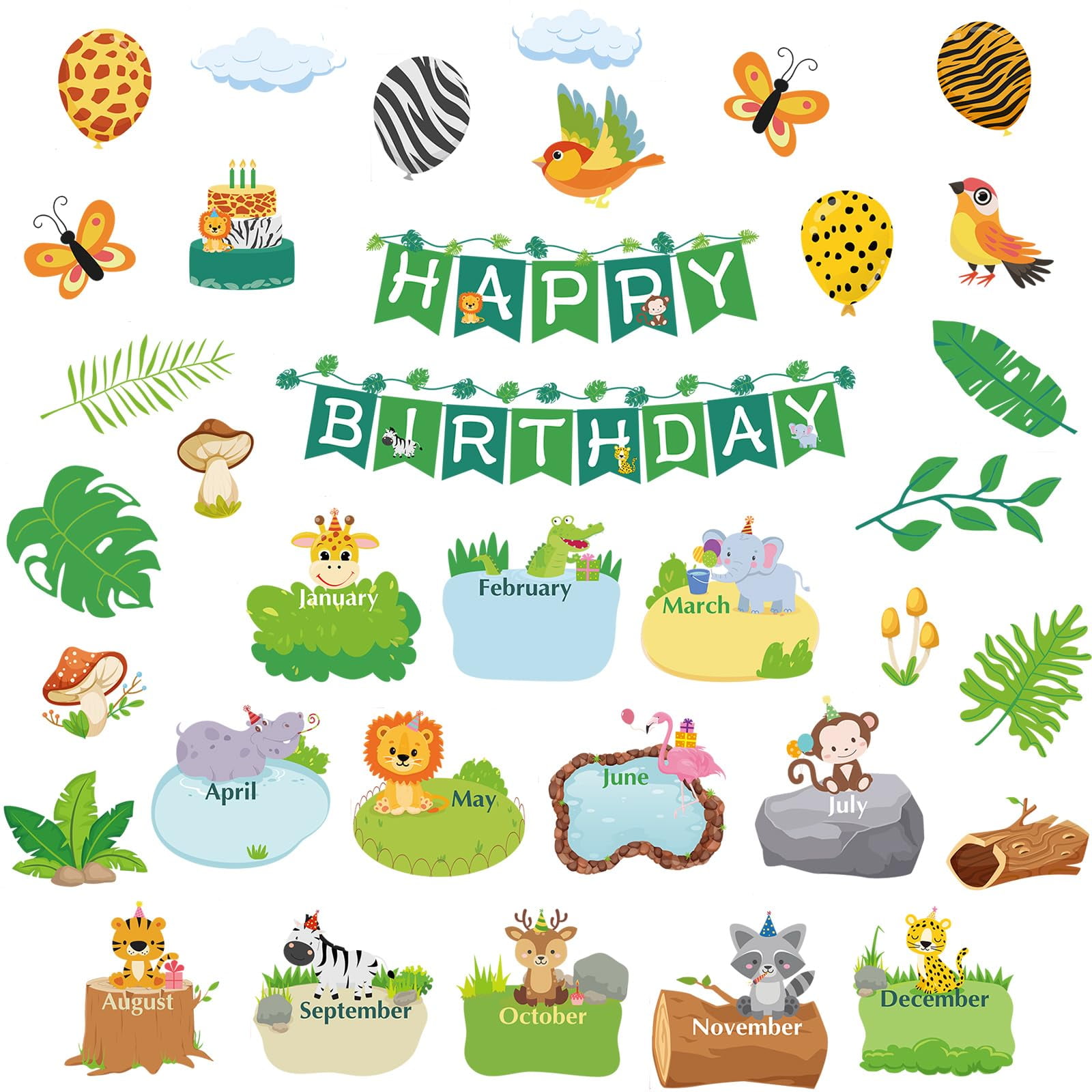 Sepamoon 35 Pcs Happy Birthday Posters Safari Jungle Animals Bulletin ...