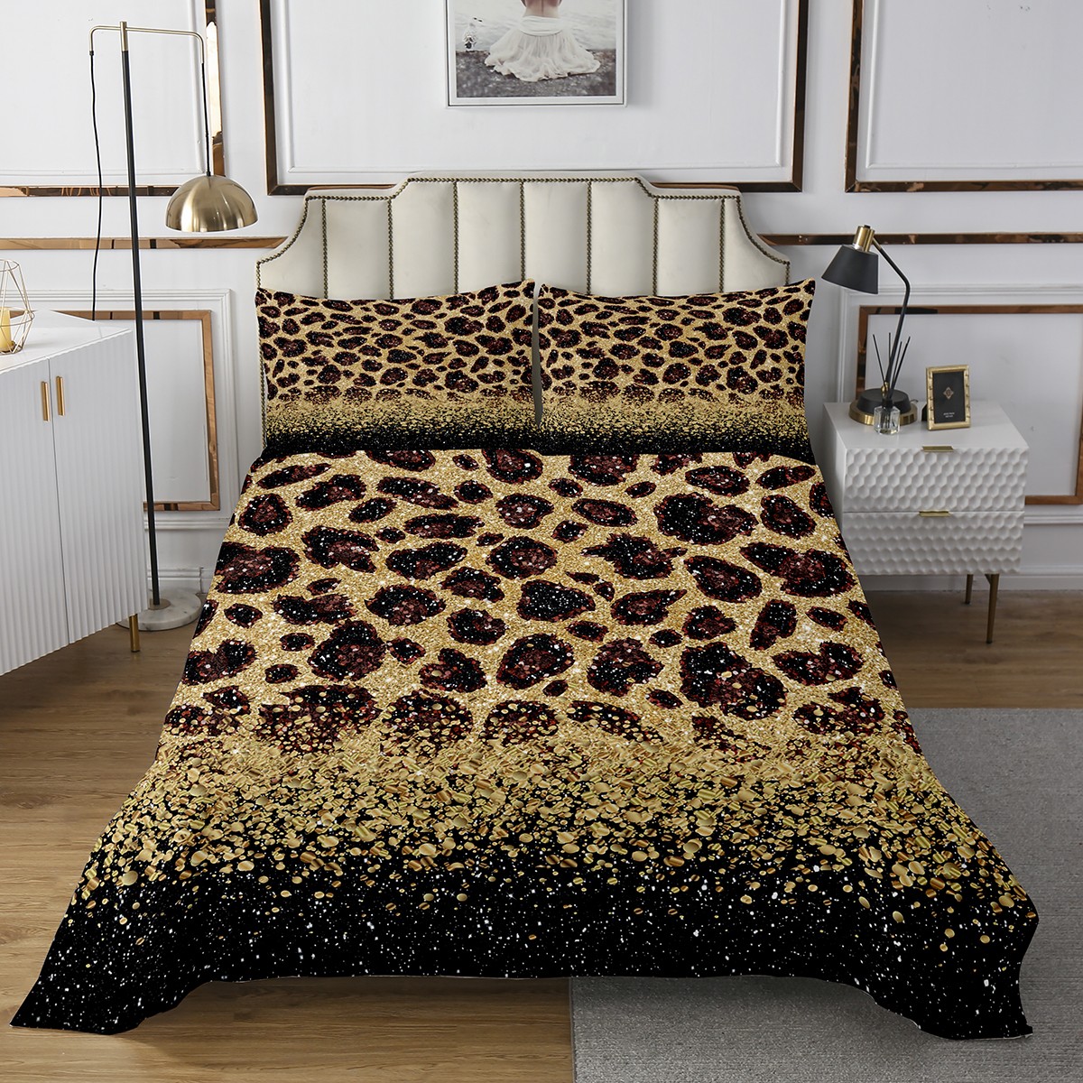 Sepia Brown Leopard Print Bedspread Set Gold Sequins Print Coverlet Set ...