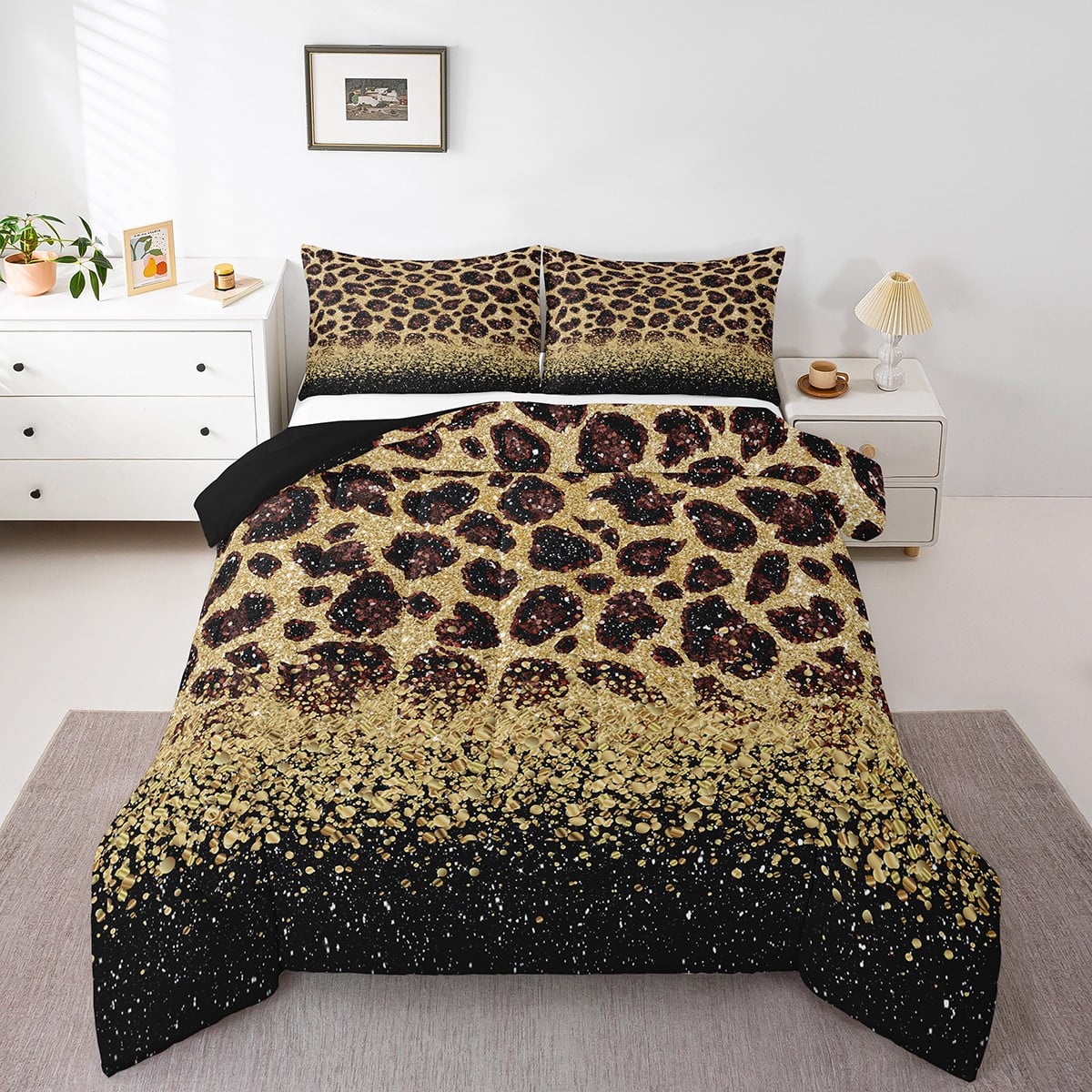 Sepia Brown Leopard Print Comforter Set Gold Sequins Print Down ...