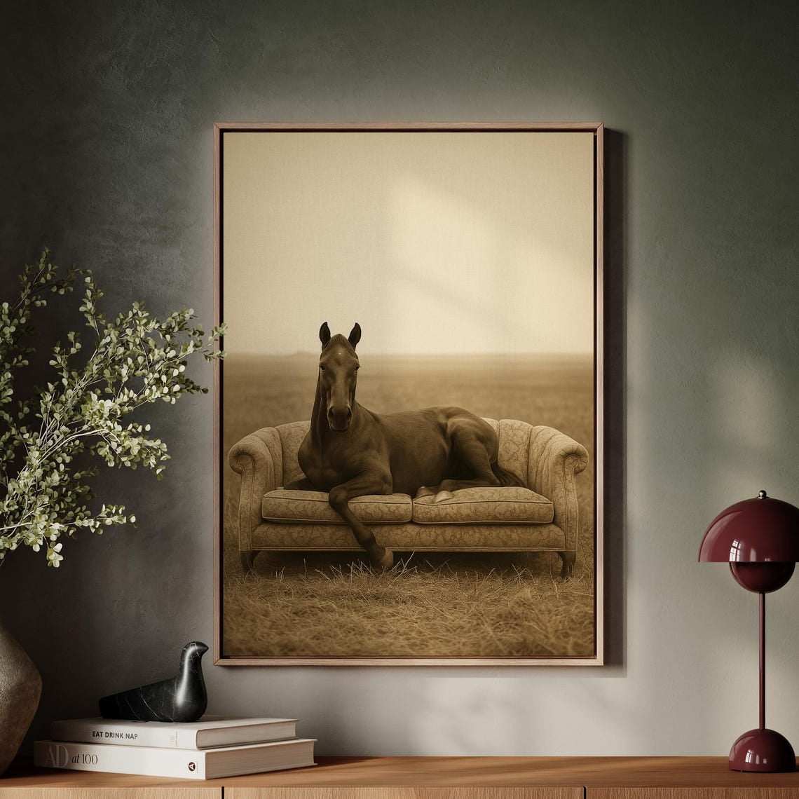 Sepia Horse On Couch Wall Art – Vintage Style Whimsical Animal Print ...