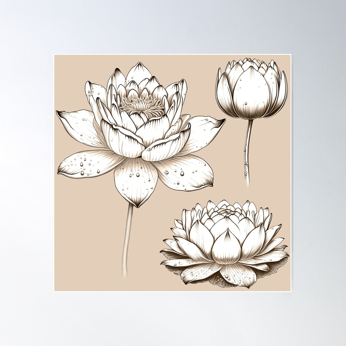 Sepia Tone Water Lily Illustration In Different Angles Poster Wall Art ...