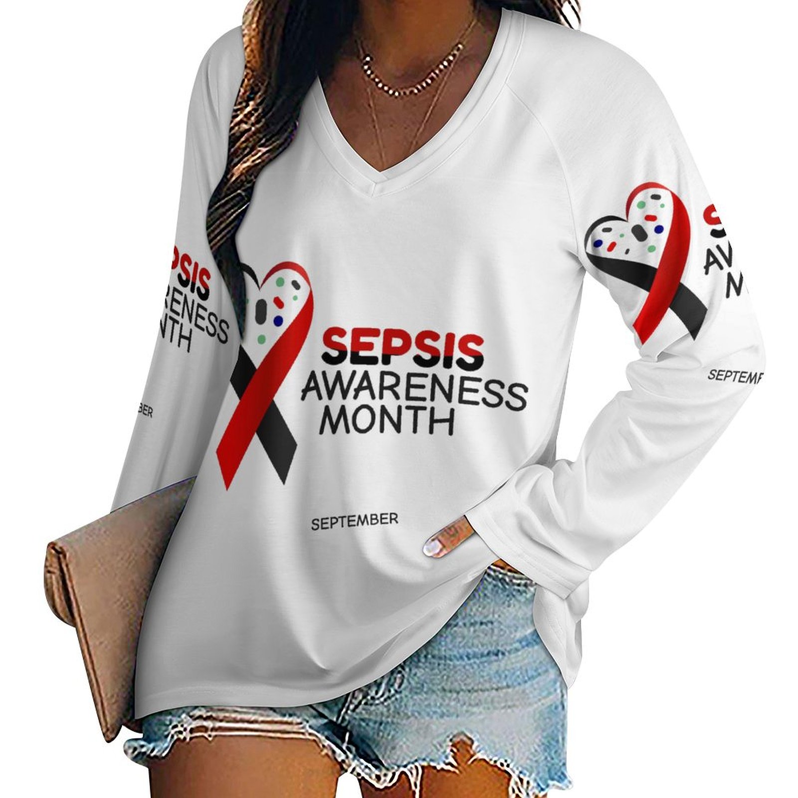 September Is Sepsis Awareness Month Women's Long Sleeve Shirts Casual V ...