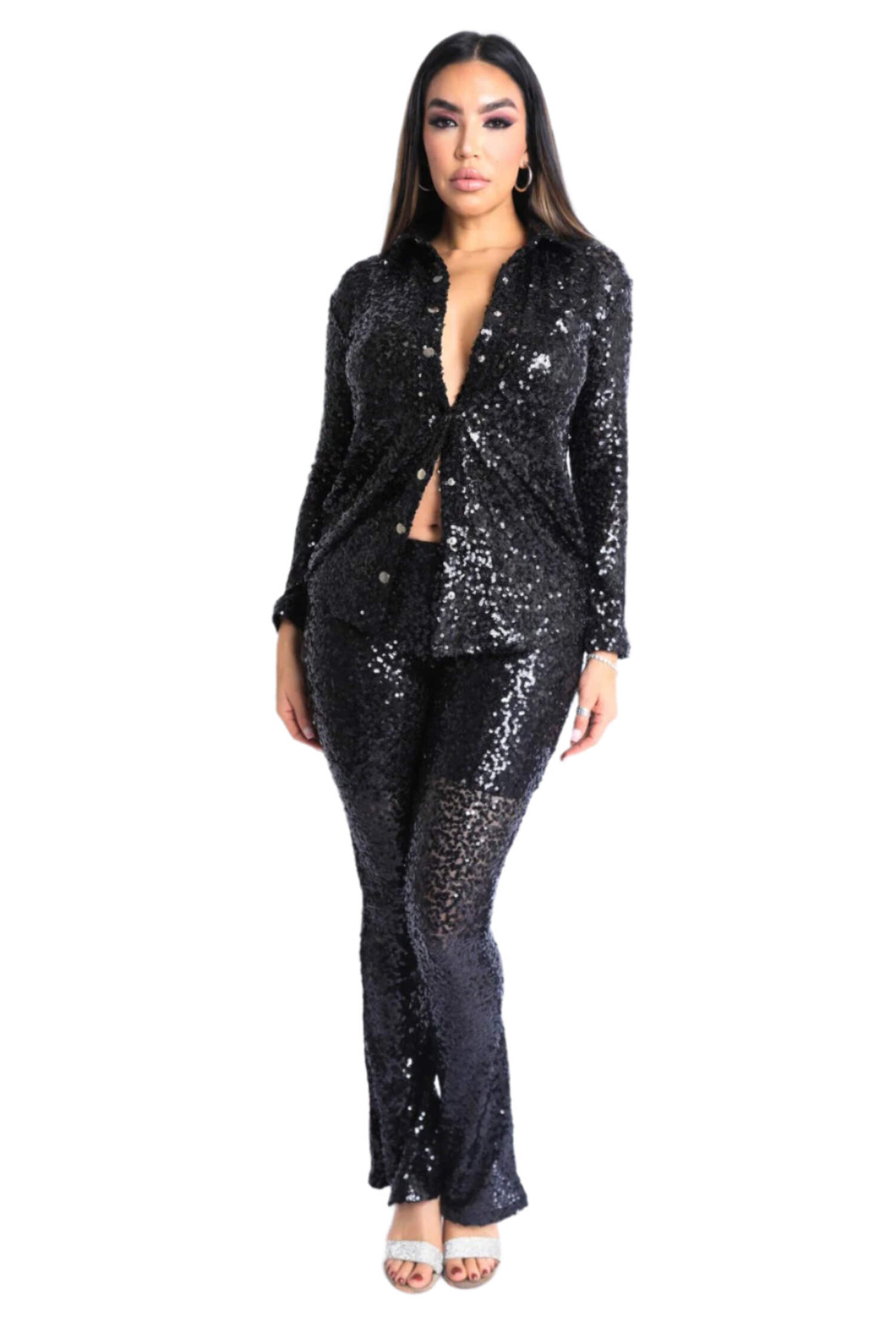 Sequin Button Down Shirt and Pant Set - Walmart.com