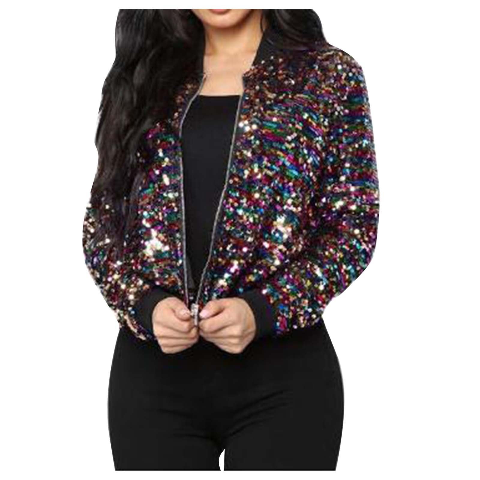 Sequin Crop Jacket for Women with Zipper Long Sleeve Sparkly Party ...