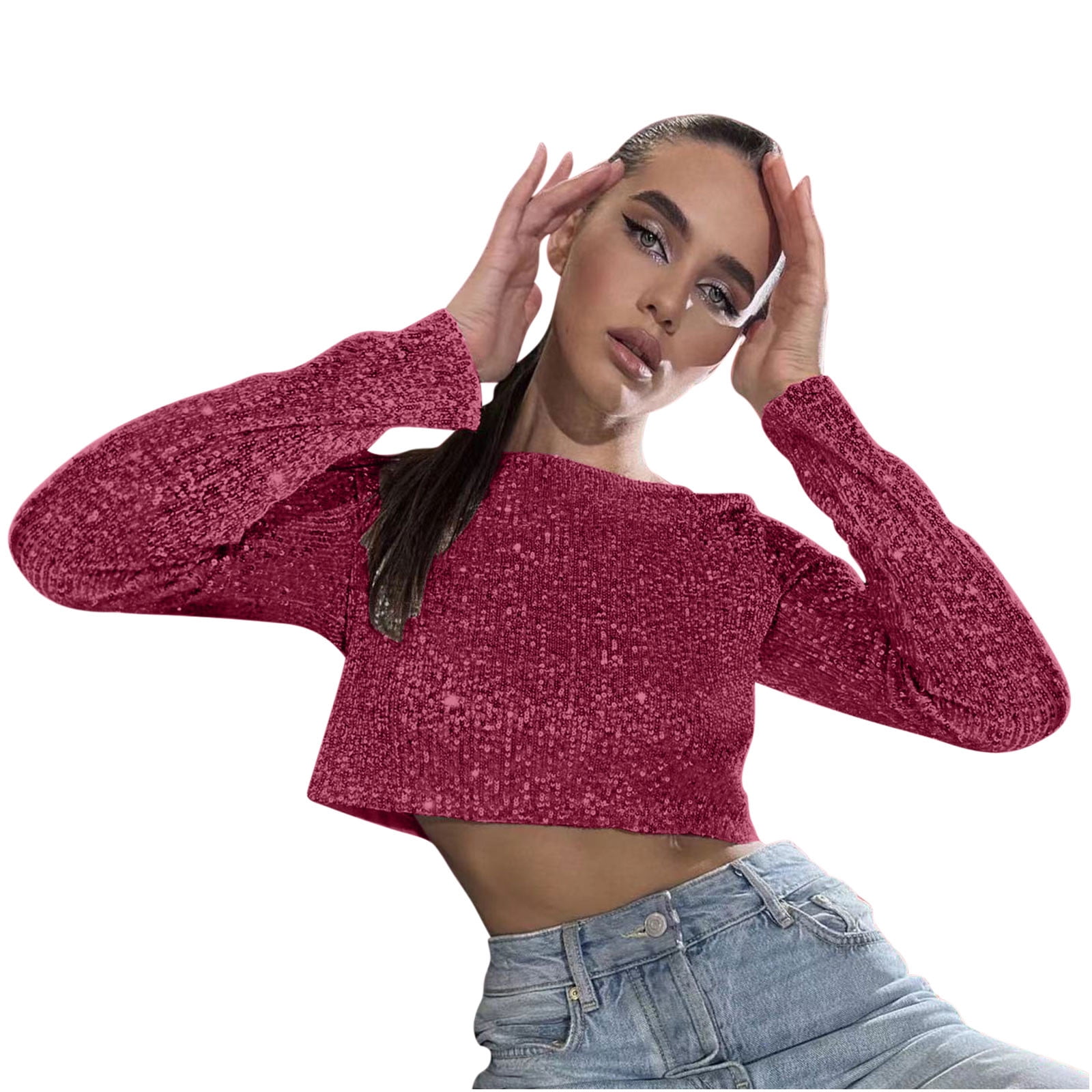 Sequin Crop Tops for Women Long Sleeve Crewneck Glitter Tshirt Y2K Teen ...