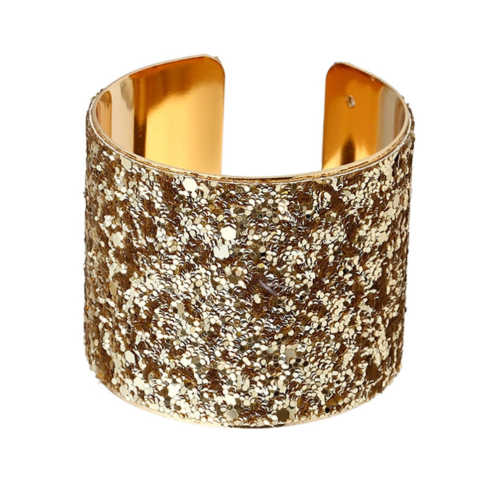 Sequin Cuff Bracelet Wide Open Sparkling Bangle Statement Jewelry (Gold ...