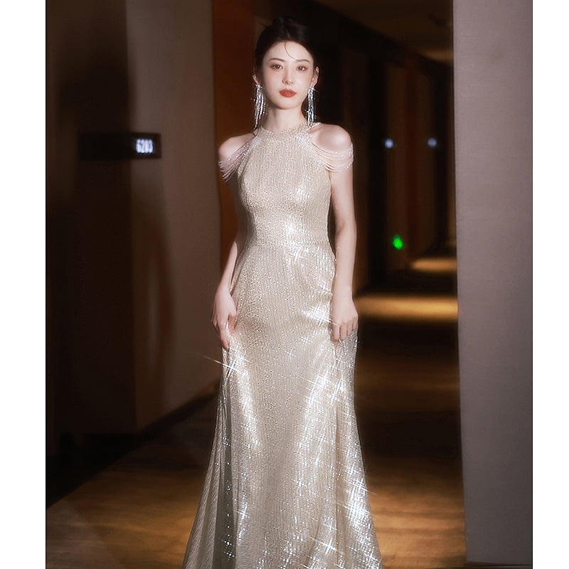 Sequin Evening Dress for Women, High-End Halter Neck, Light Luxury ...