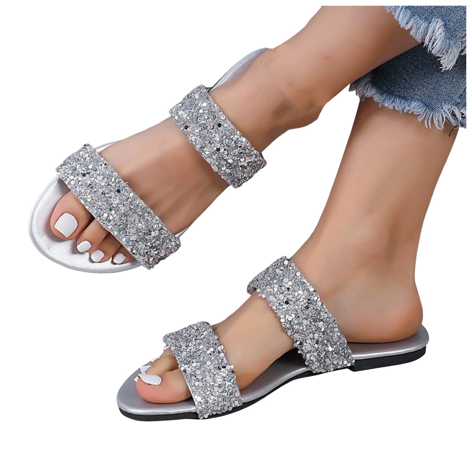 Sequin Flat Dress Slip on Sandals for Women.2025 Summer Silver Gold ...