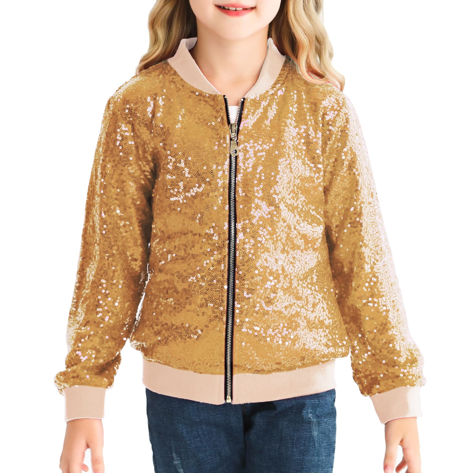 Sequin Jacket Girls Winter Zip Up Crew Neck Soild Color Shiny Print ...