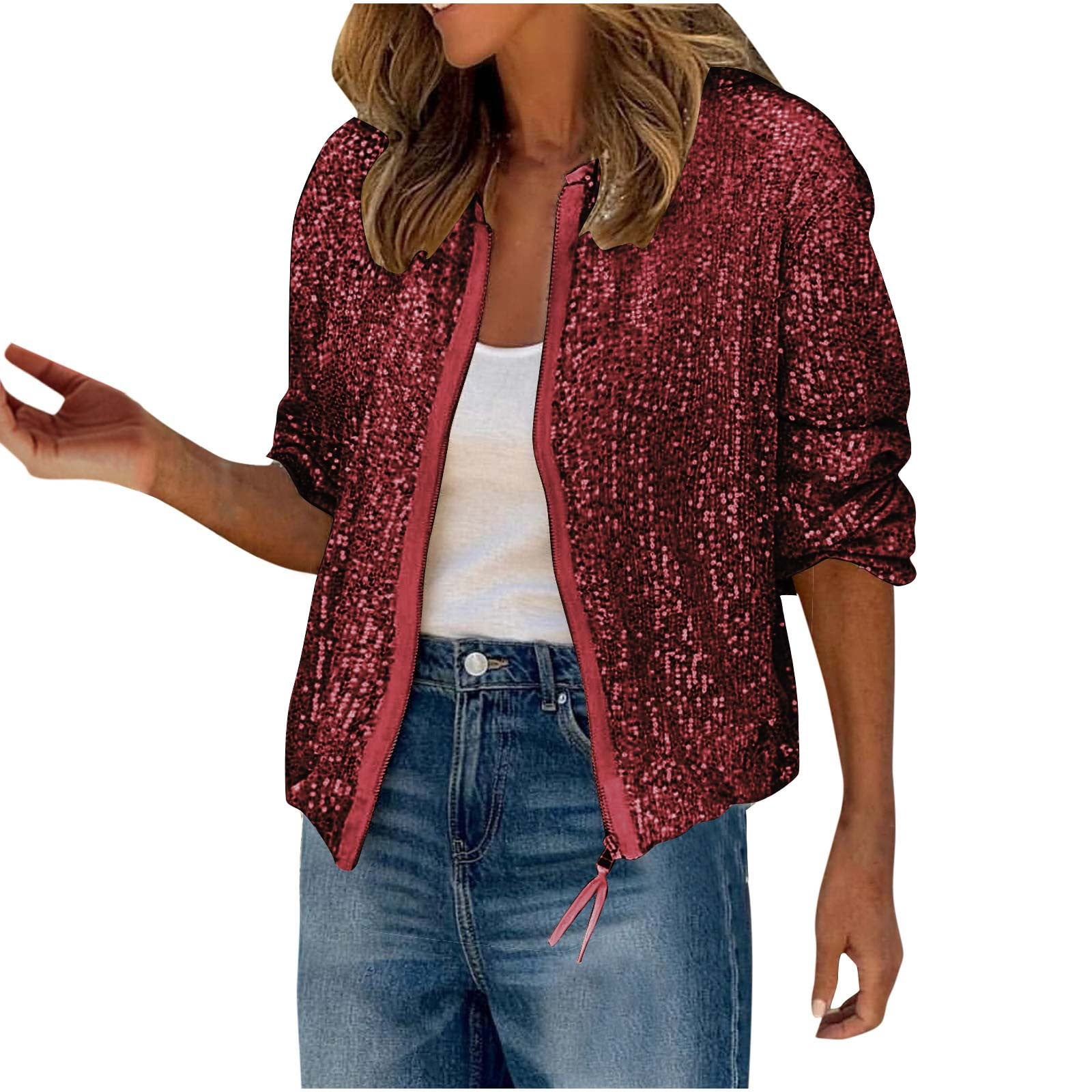 Sequin Jacket Womens Zip Up Bomber Coat Vintage Fashion Sparkly Glitter ...