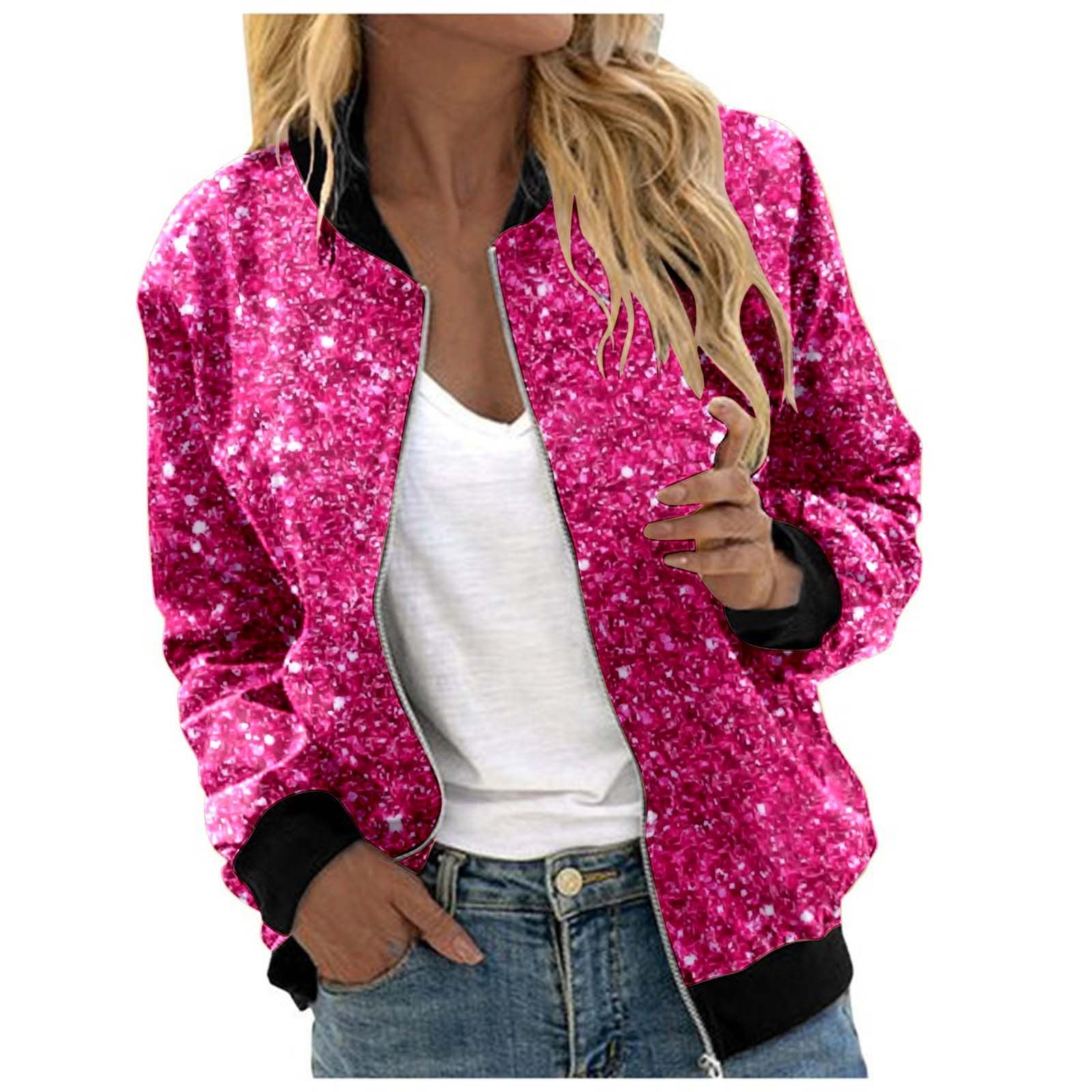 Sequin Jacket for Women, Zip up Casual Long Sleeve Cardigan, Sparkle ...