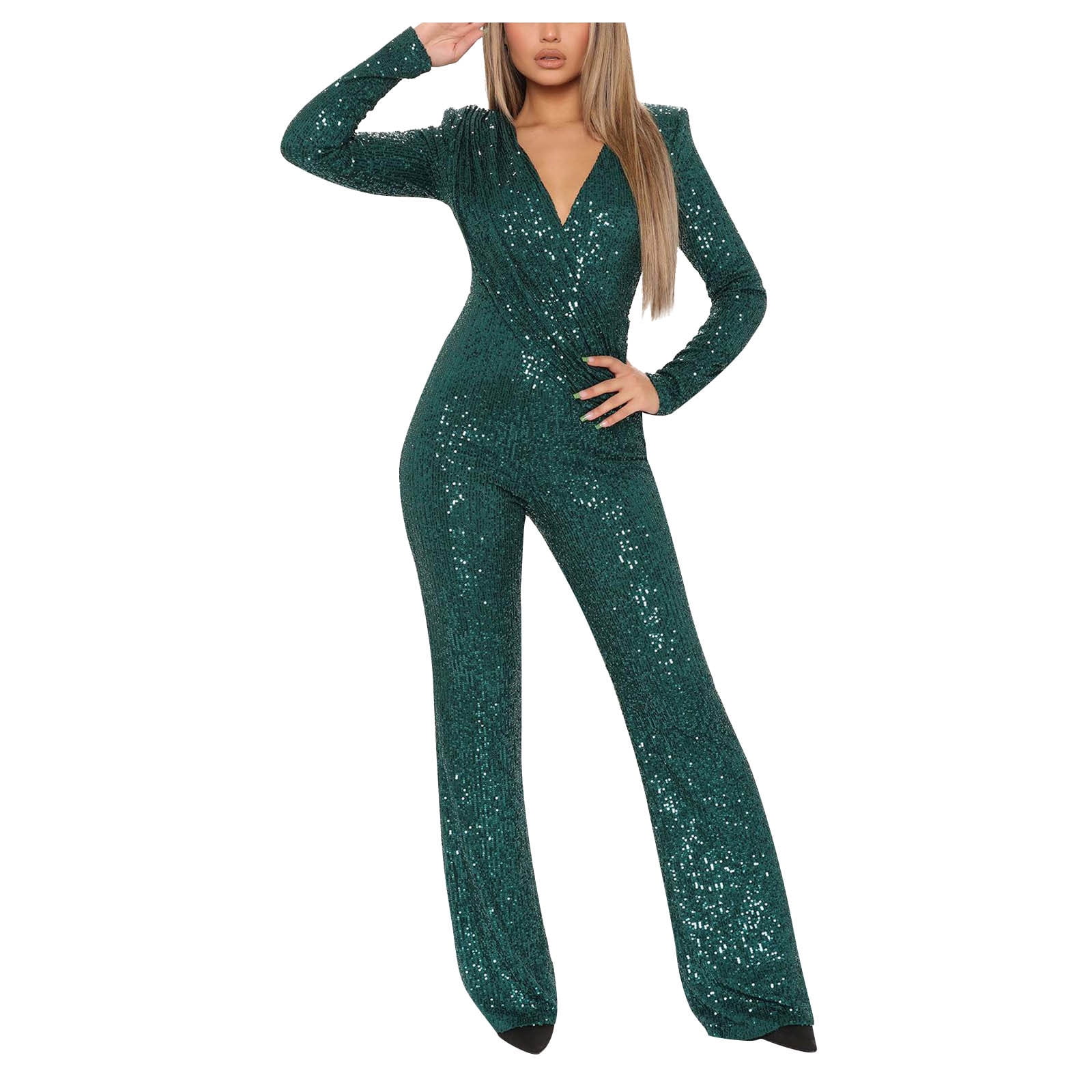 Sequin Jumpsuit for Women V Neck Long Sleeve Romper Sparkly Glitter ...