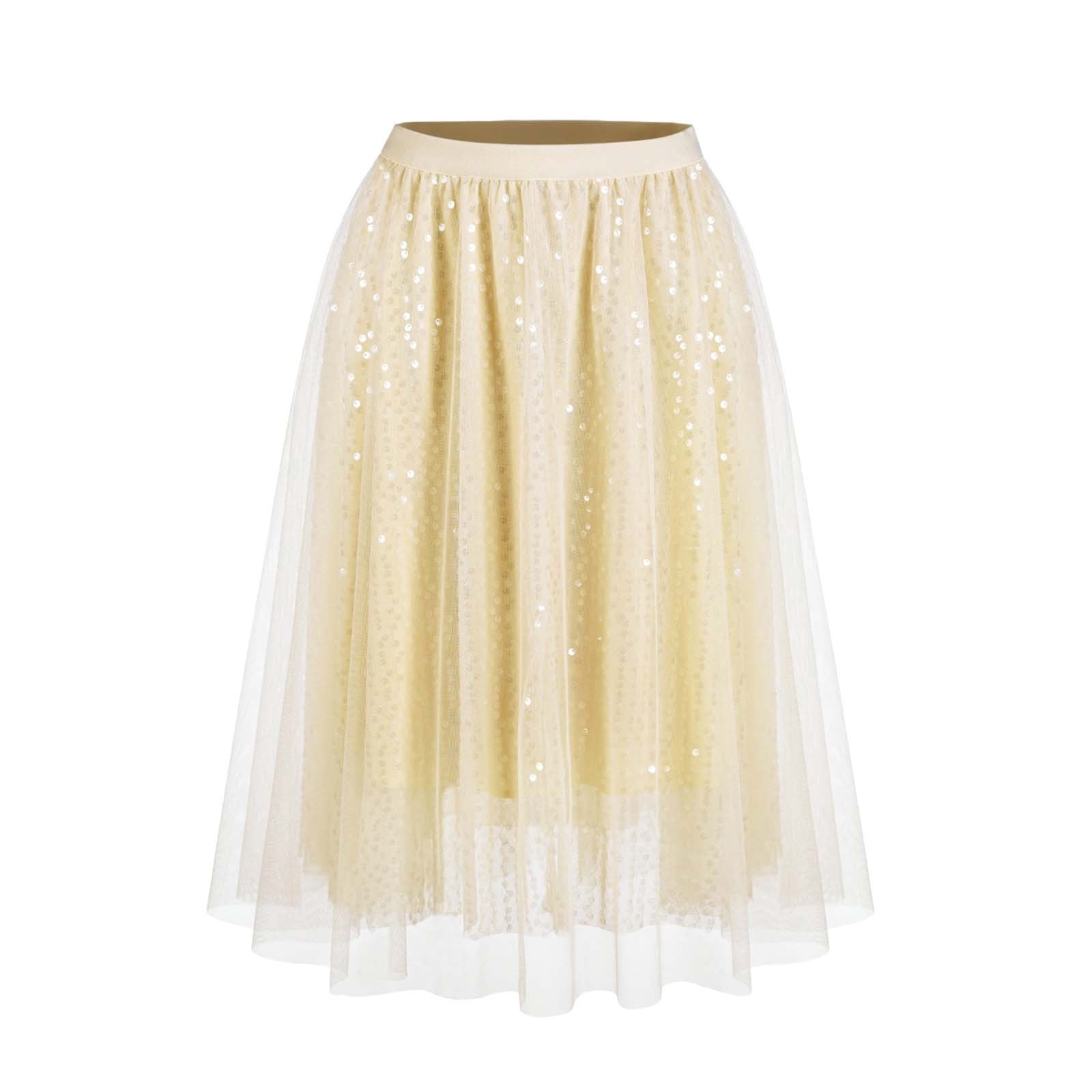 Sequin Skirts for Women High Waist Ruffle Layered Fluffy Tulle Mesh ...