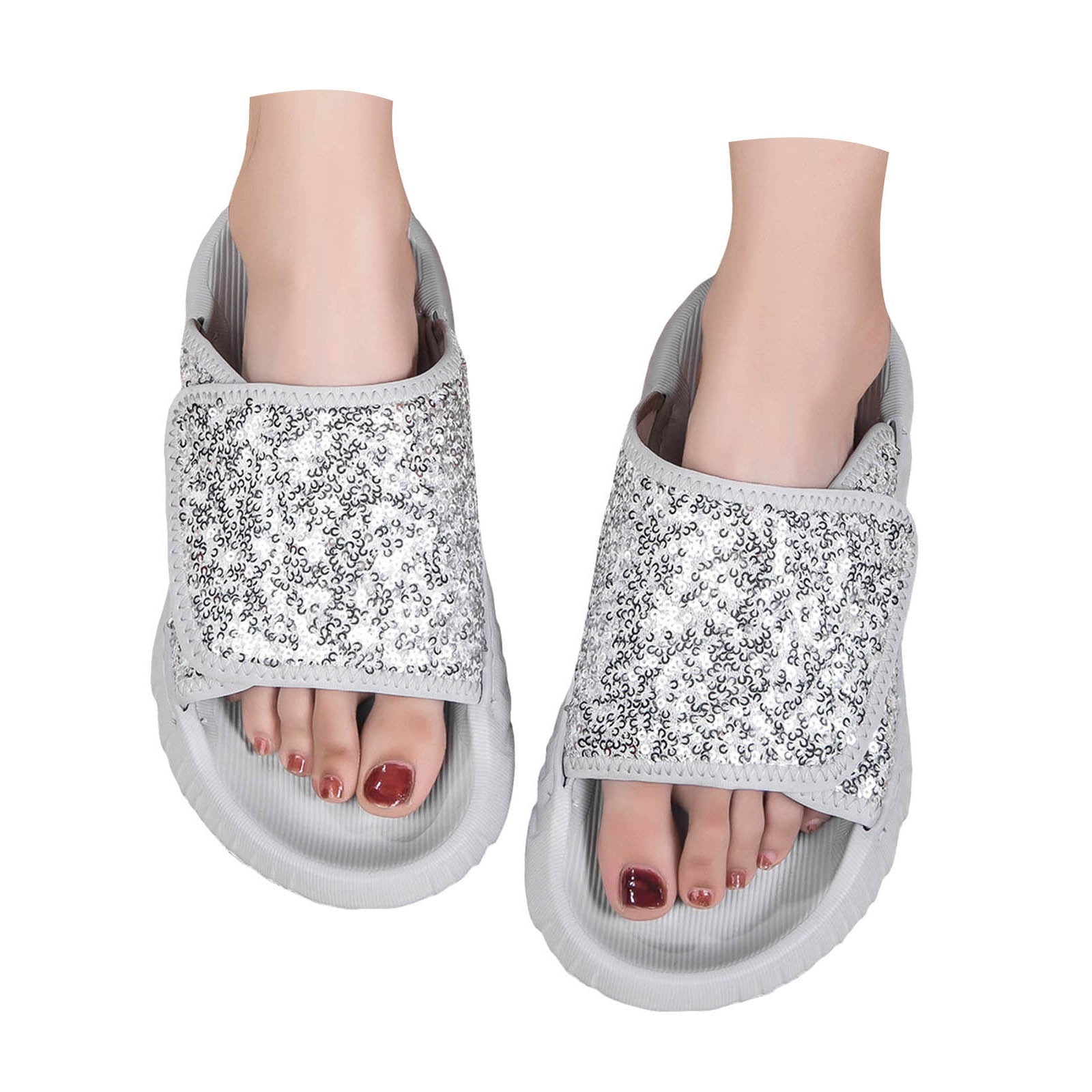 Sequin Slides Sandals for Women 2025 Sparkle Wide Width Open Toe Flat ...