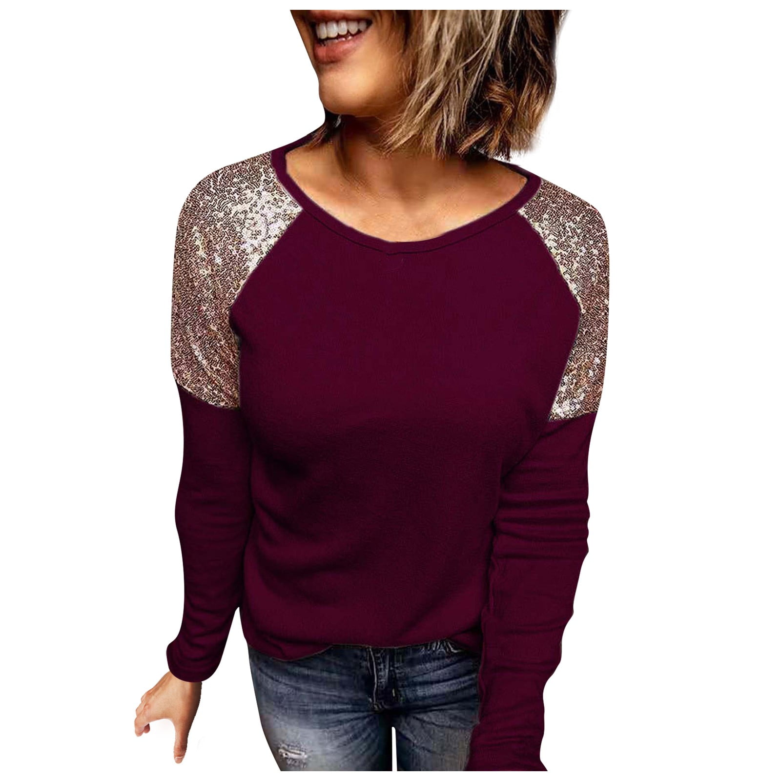 Sequin Sparkle Tops for Women Raglan Tunic Patchwork Long Sleeves Round Neck Casual Party ...