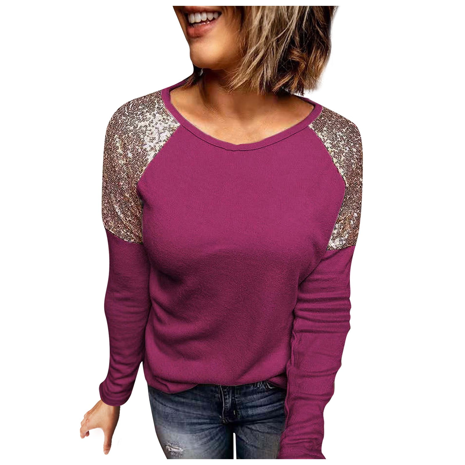 Sequin Sparkle Tops for Women Raglan Tunic Patchwork Long Sleeves Round Neck Casual Party ...