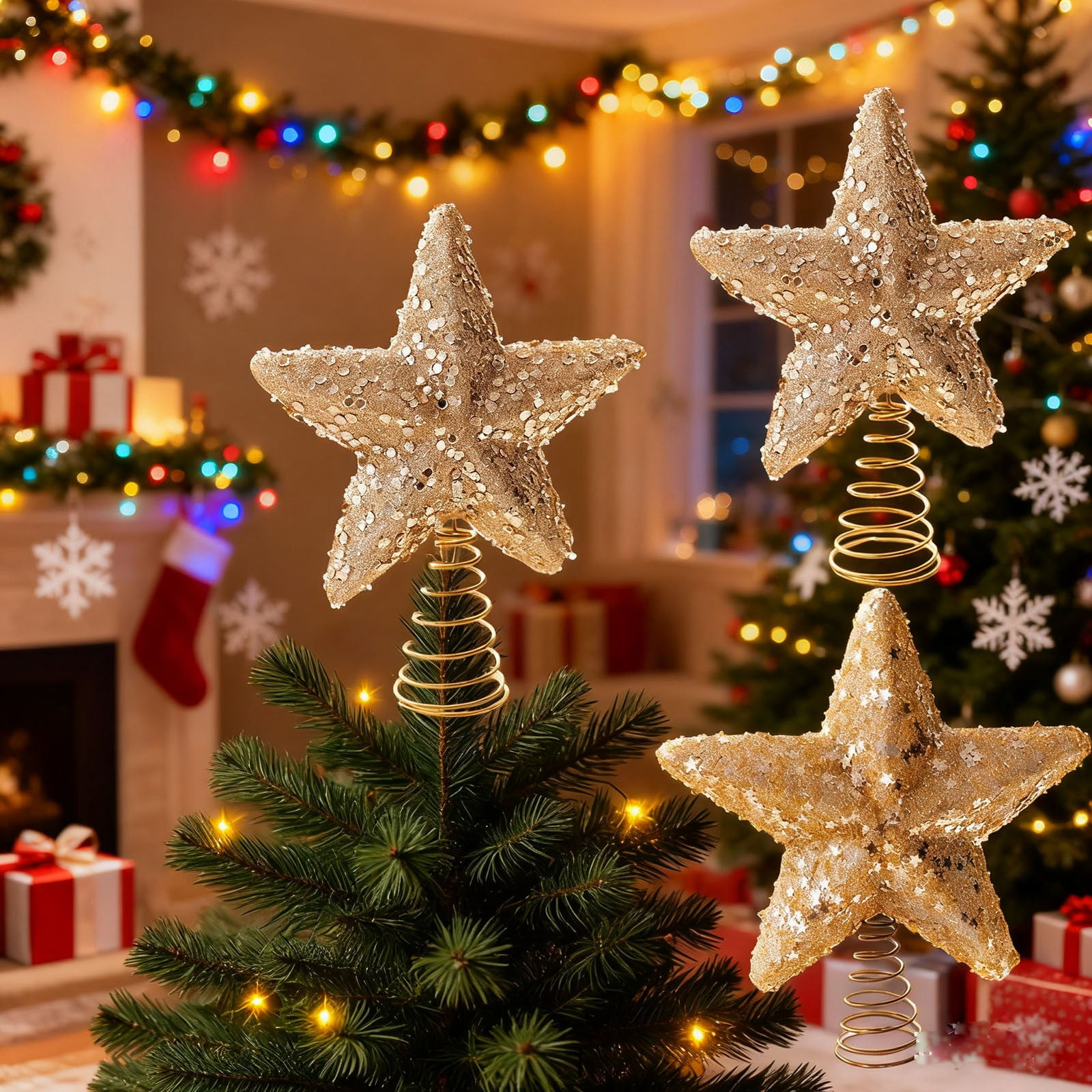 Sequin Star Christmas Tree Topper, Glittery Gold Star with Spiral Base ...