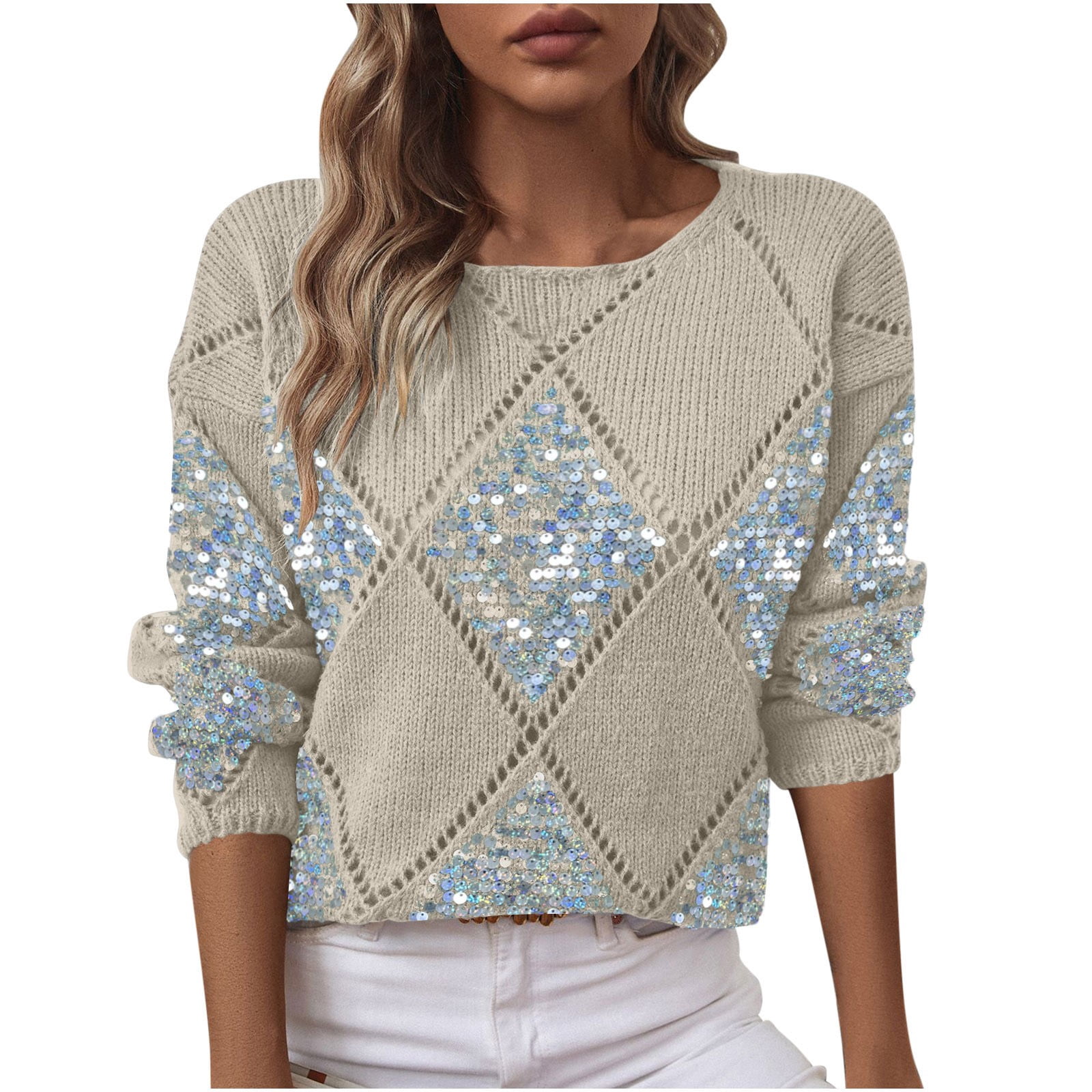 Sequin Sweaters for Women Sparkly Patchwork Argyle Knitted Pullover ...