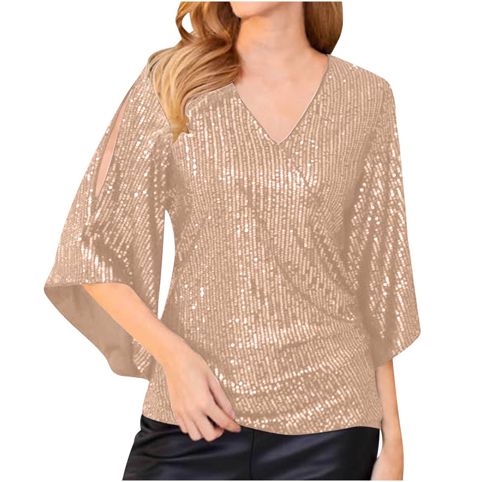 Sequin Tops for Women 3/4 Bell Sleeve V-Neck Cut-out Shiny Metallic ...