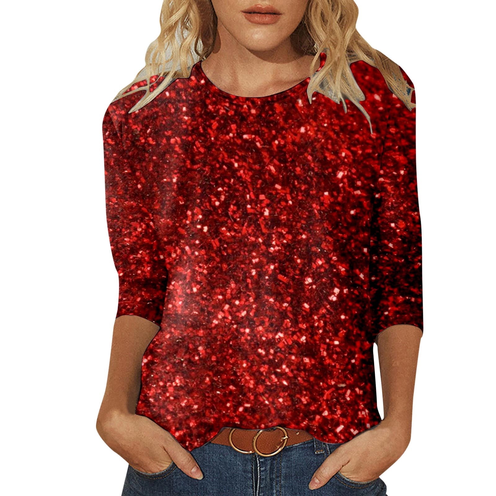 Sequin Tops for Women 3/4 Sleeve Loose Fit Dressy Sparkly Blouses Round ...