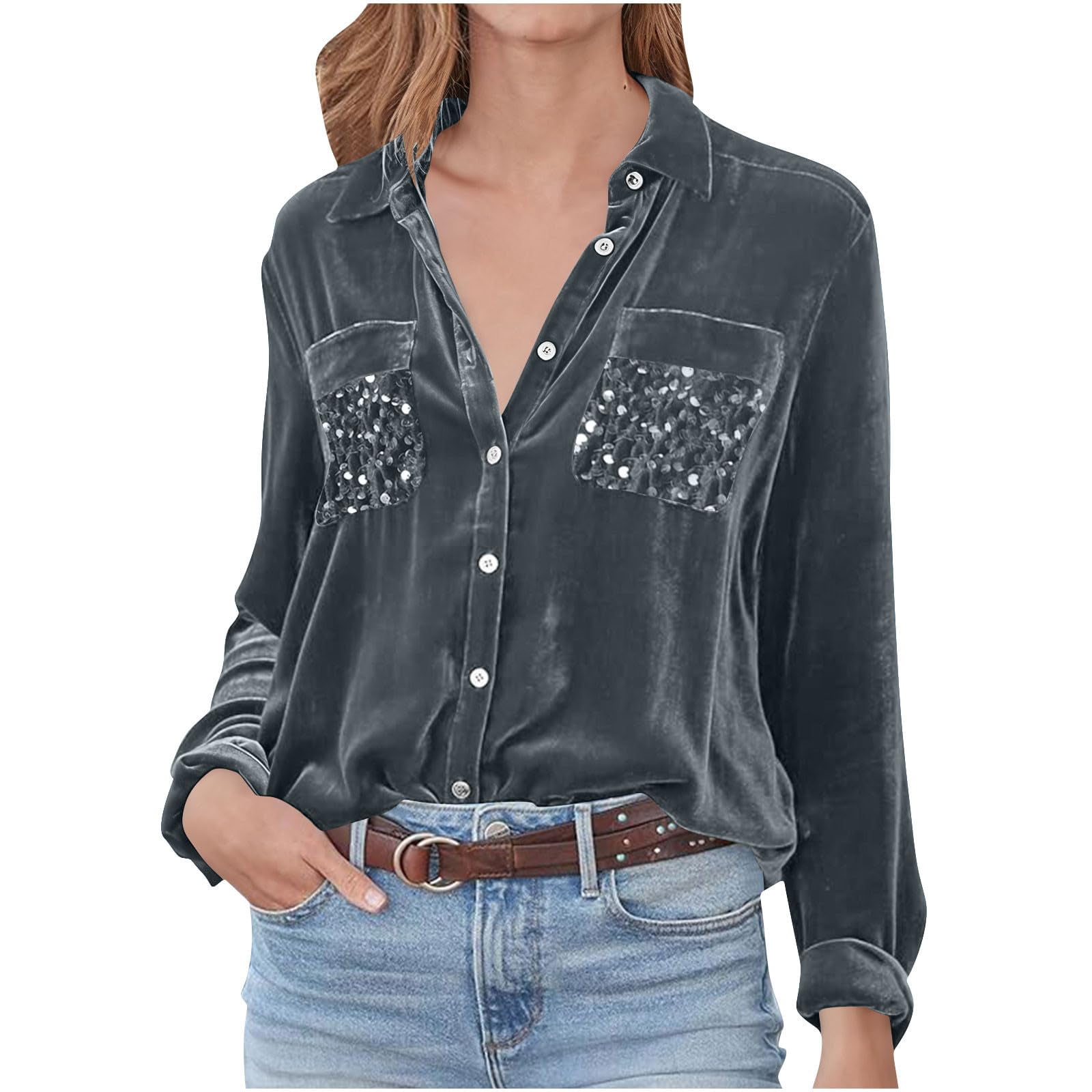 Sequin Velvet Tops for Womens 2026 Trendy Button Down Long Sleeve ...