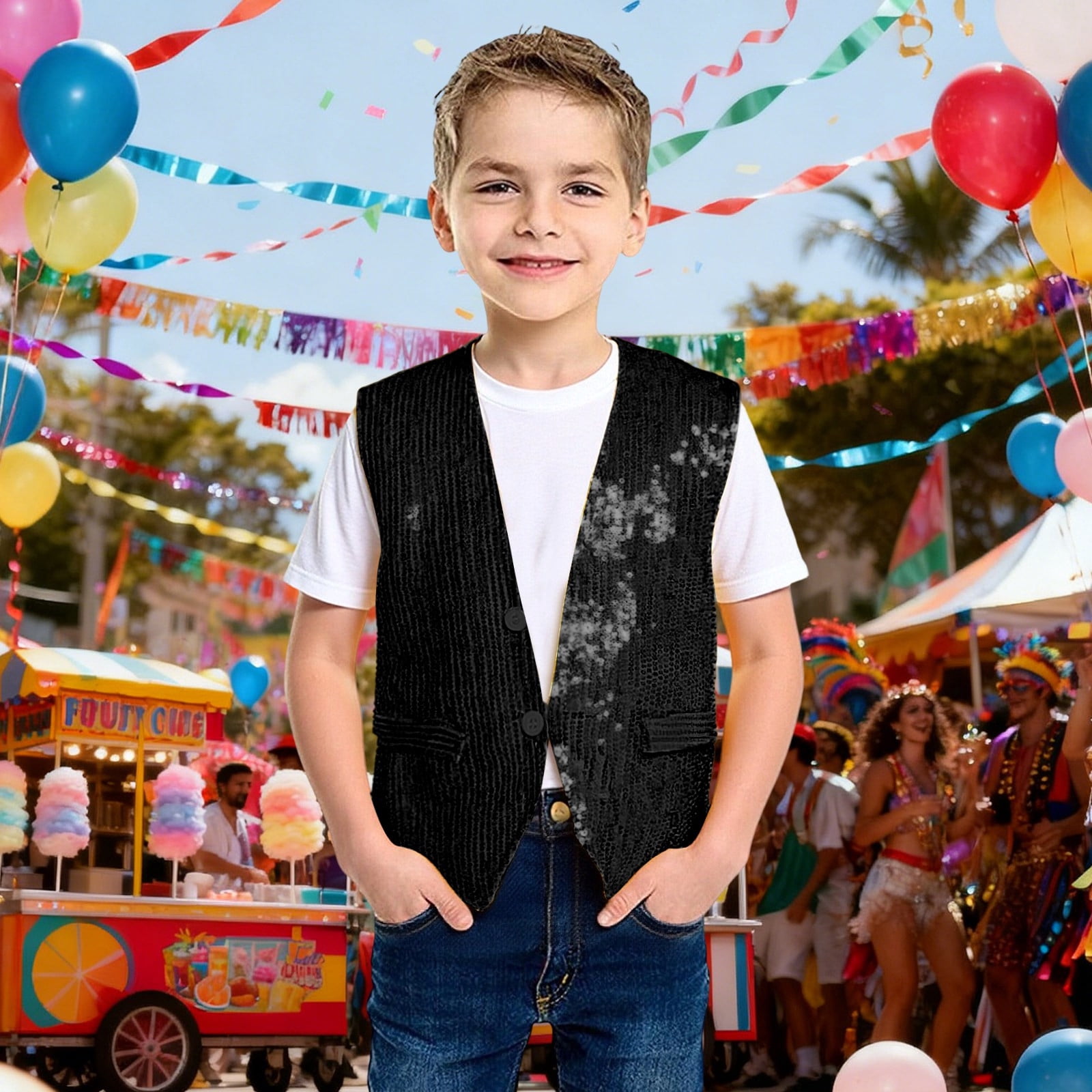 Sequin Vest for Kids V-Neck Black Shiny Dance Vest for Boys Boys Girls ...
